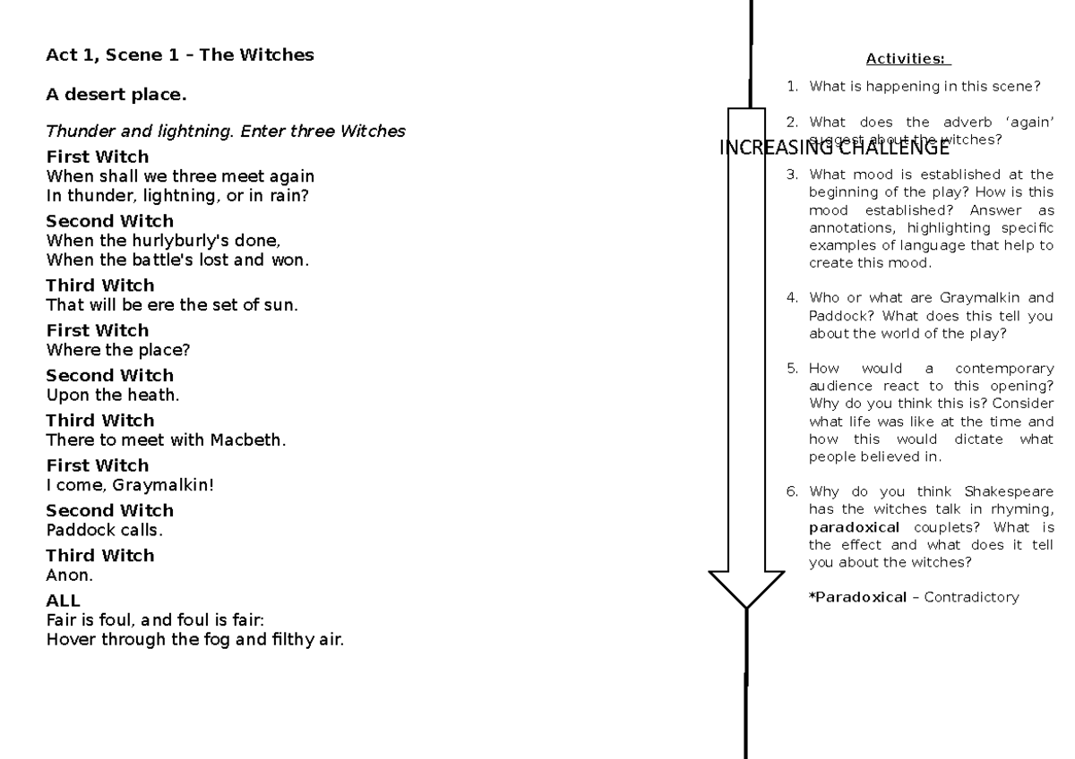 A1,S1 - Page 1 - Macbeth - Act 1, Scene 1 – The Witches A desert place. Thunder and lightning ...