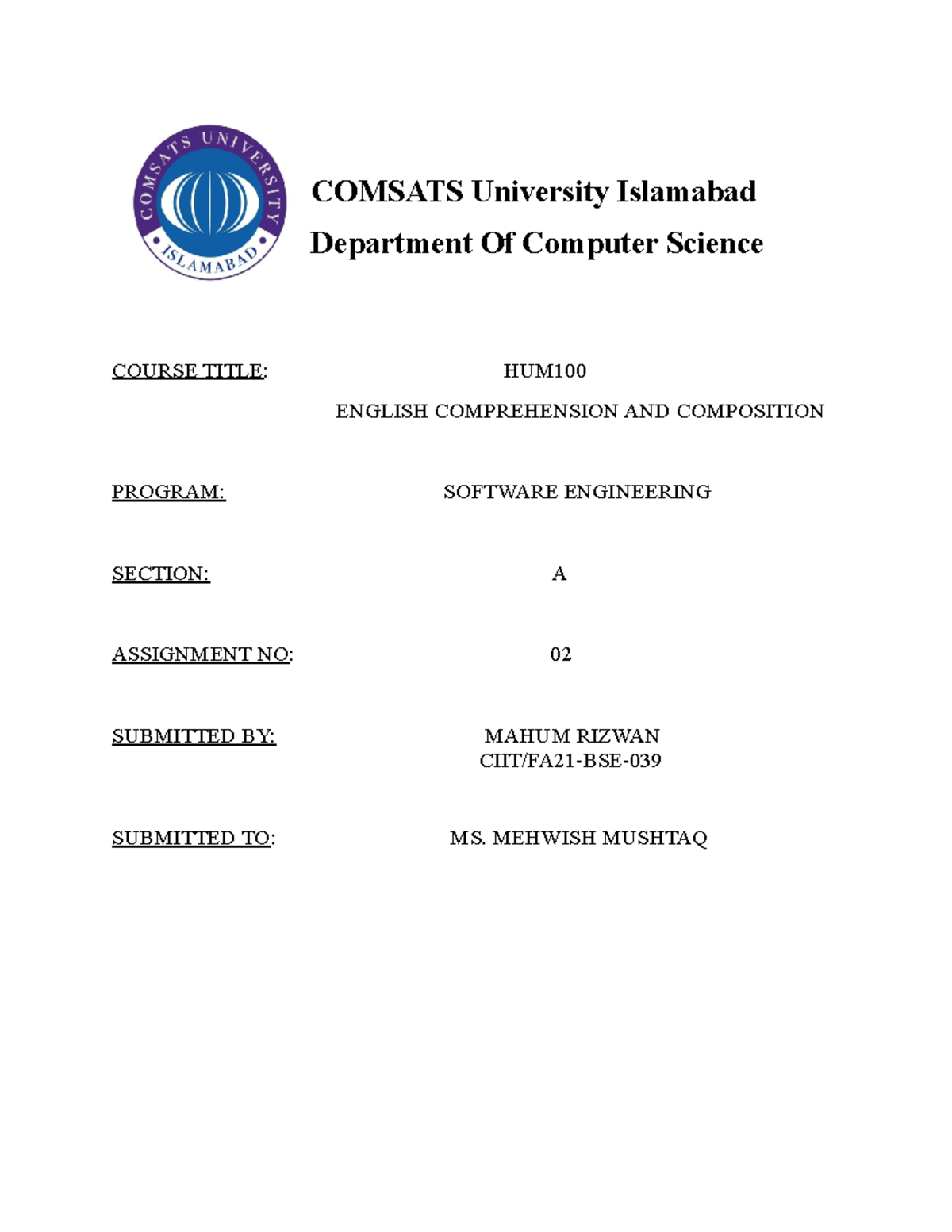 Engish assignment 1 - COMSATS University Islamabad Department Of ...