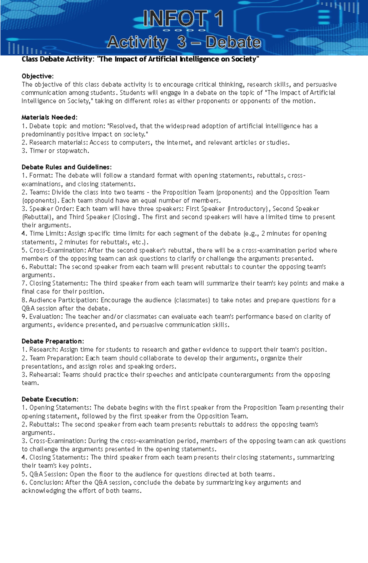 Class Debate Activity v2 - Class Debate Activity: "The Impact of ...