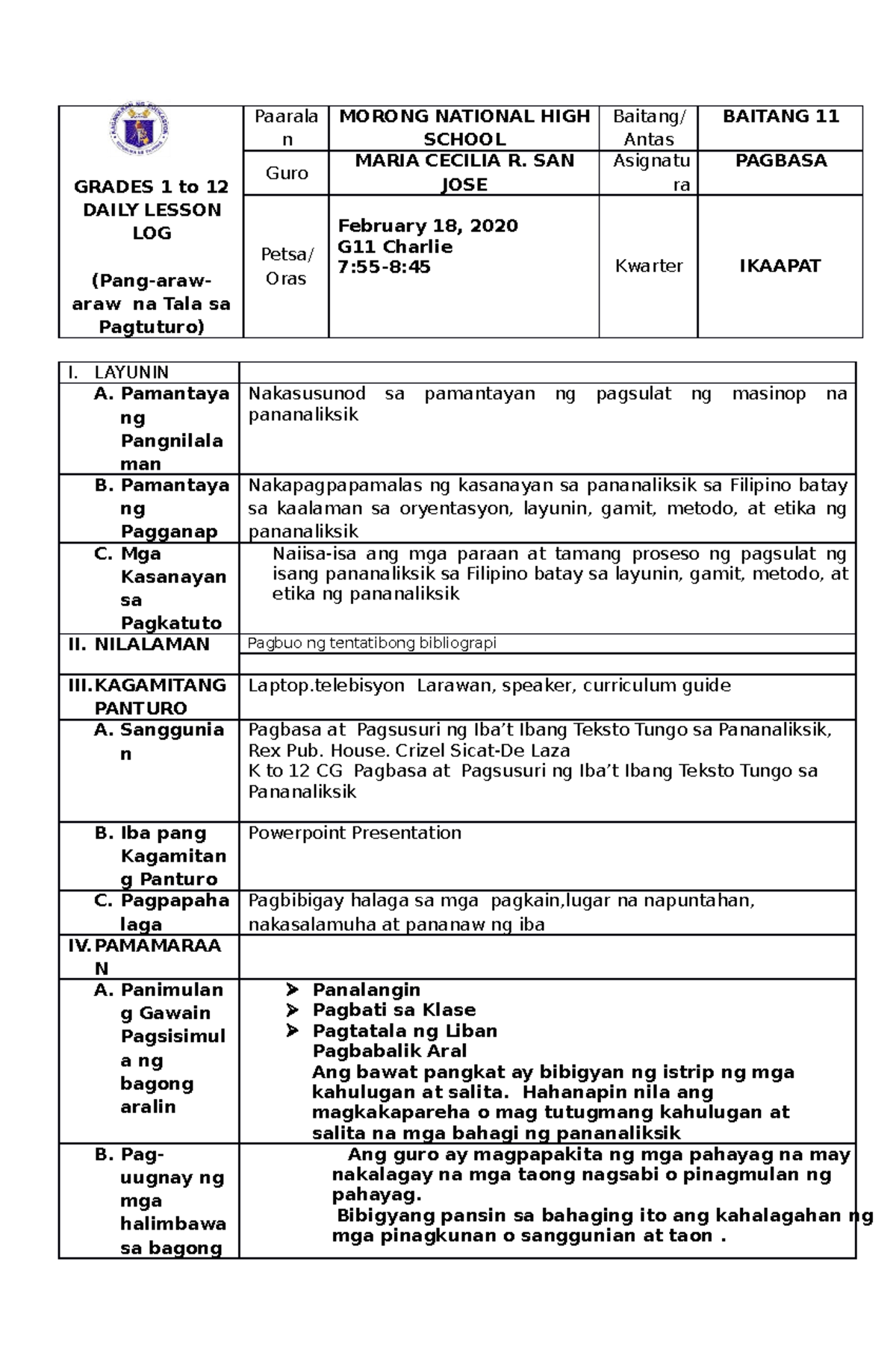 Demo pananliksik #4 - DAILY LESSON PLAN - GRADES 1 to 12 DAILY LESSON ...