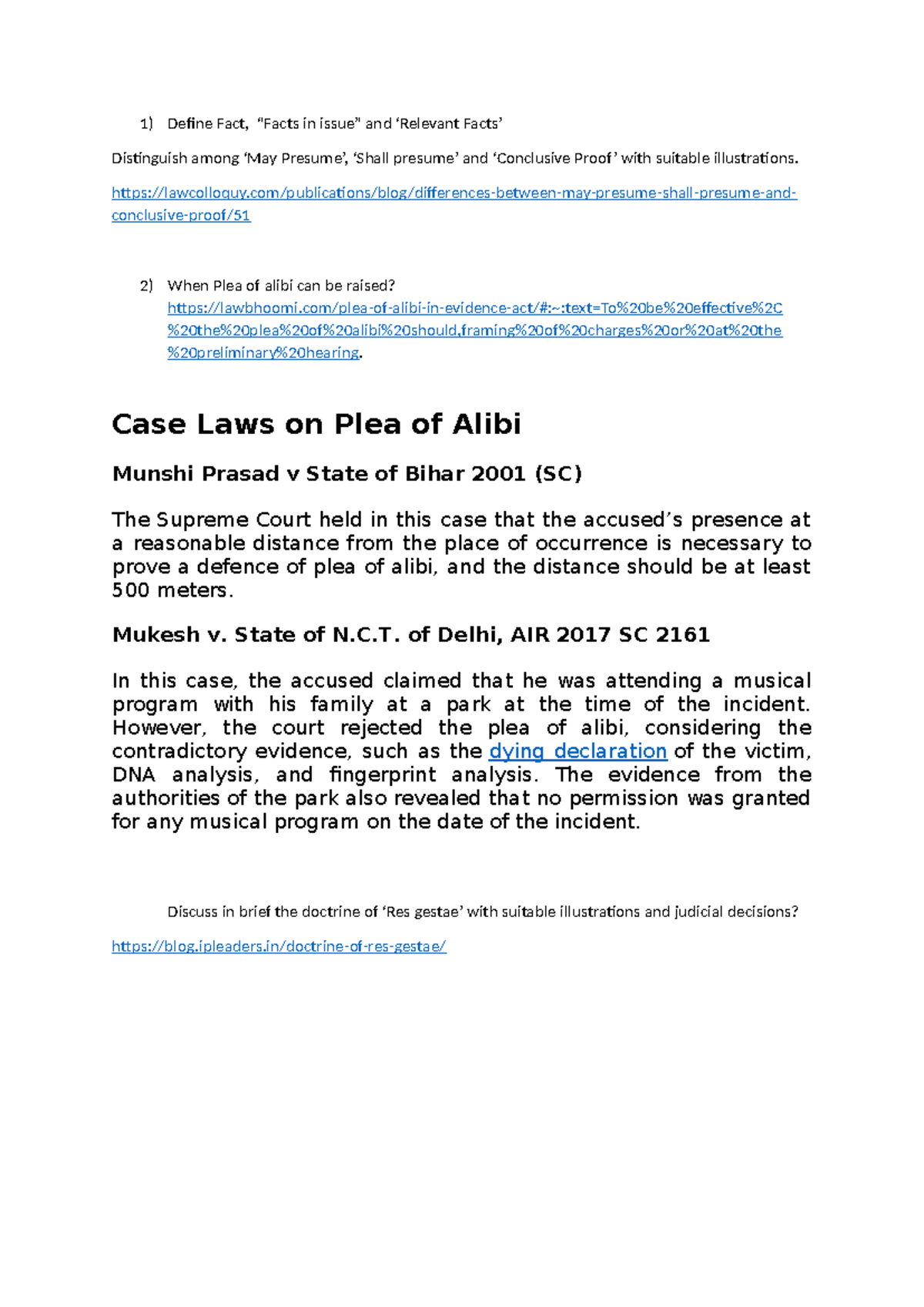 PLEA OF ALLIBI CASE LAWS - 1) Define Fact, “Facts in issue” and ...