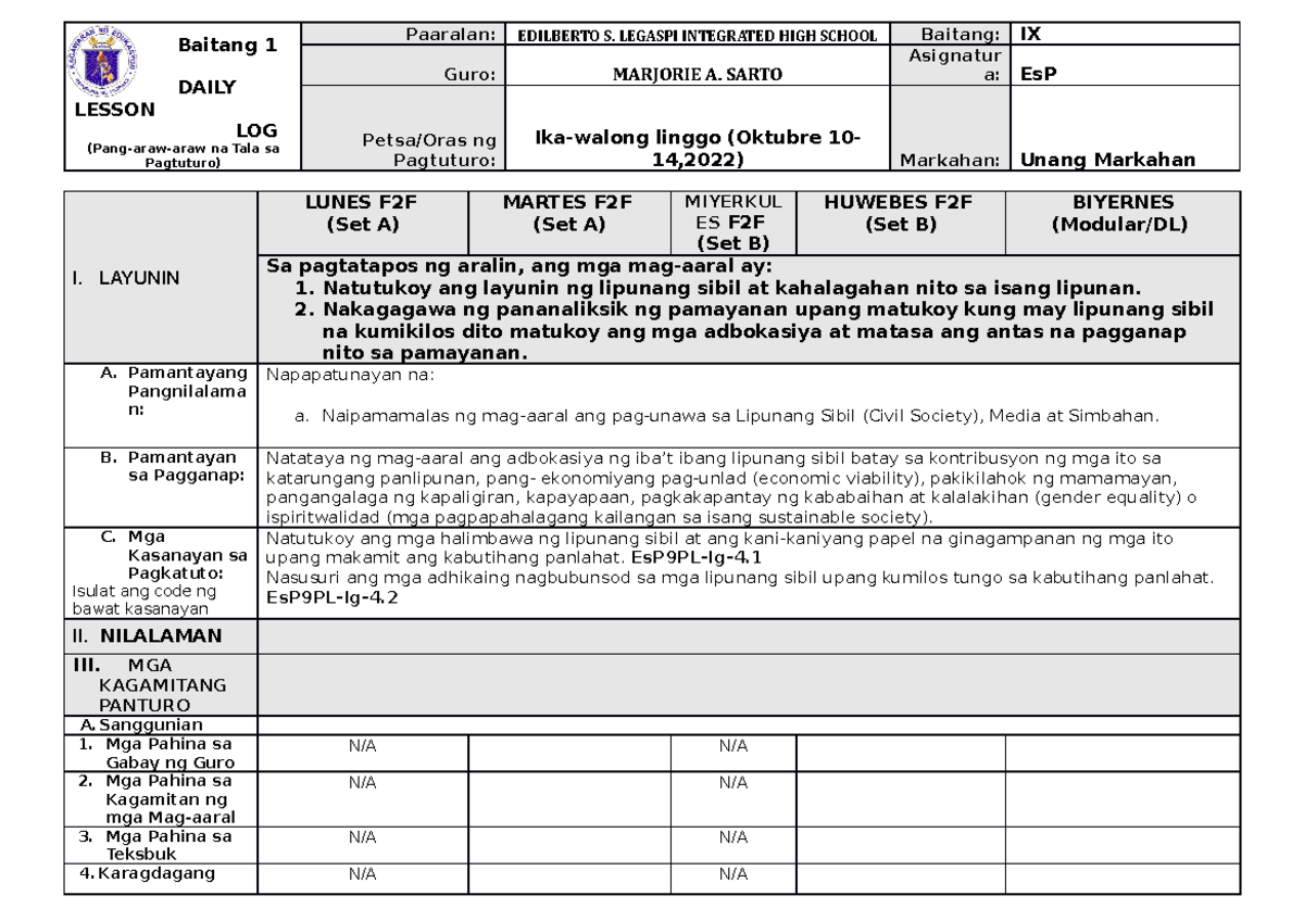 DLL-week-8 - material - Baitang 1 to 12 DAILY LESSON LOG (Pang-araw ...