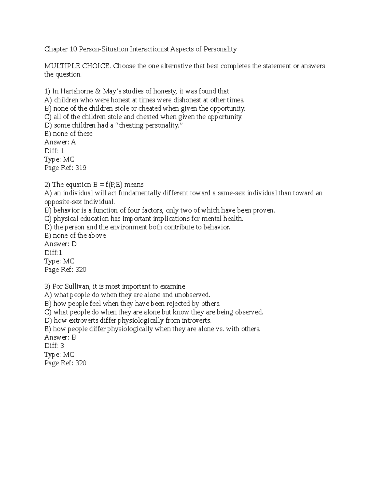 Ch 10 psy - test - Chapter 10 Person-Situation Interactionist Aspects ...