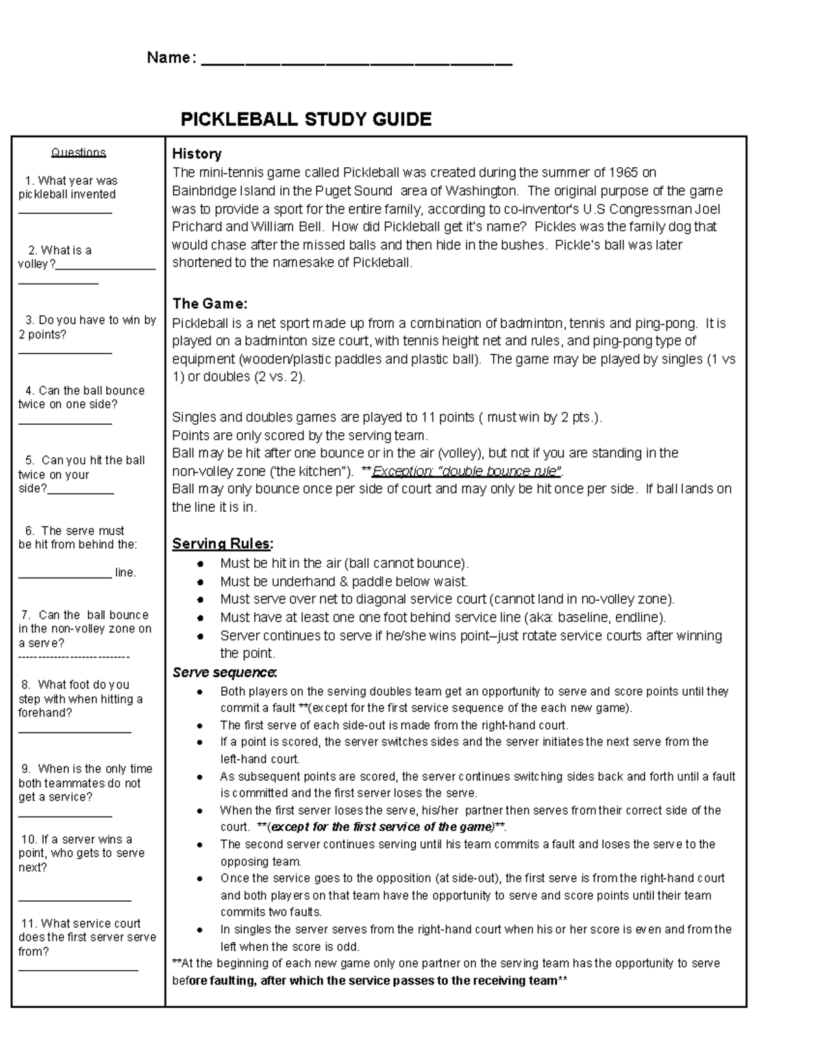 Pickleball study guide 0 - Name ...