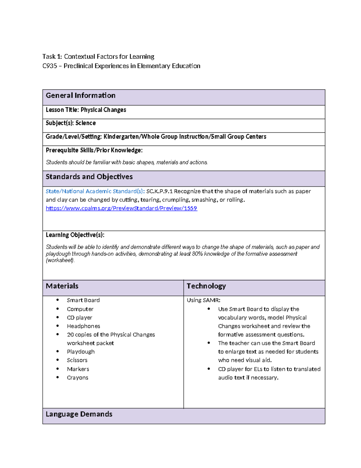 PCE Task 1 - PCE Task 1 - Task 1: Contextual Factors for Learning C935 ...