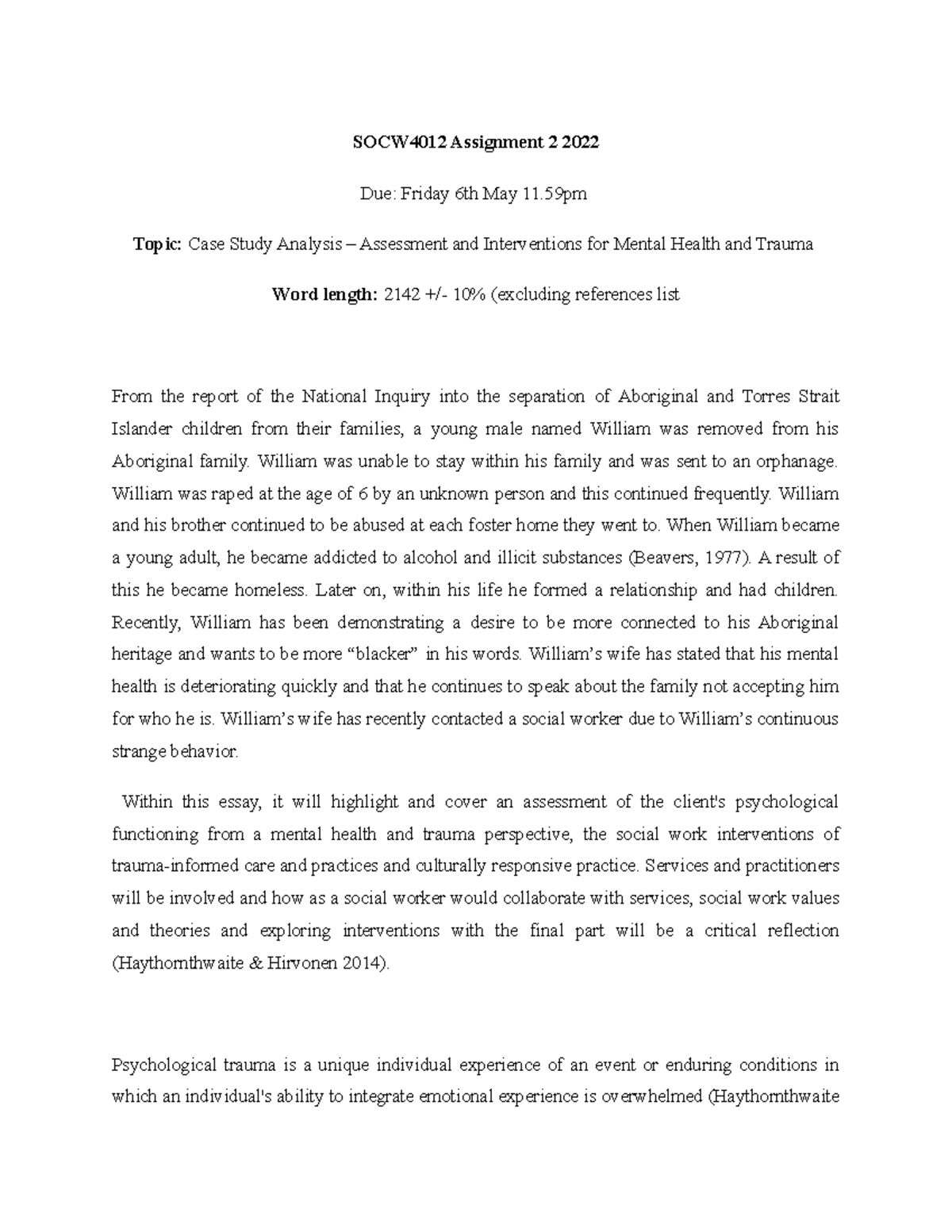 SOCW4012 Assignment 2 2022-2 - SOCW4012 Assignment 2 2022 Due: Friday 6th May 11 Topic: Case ...