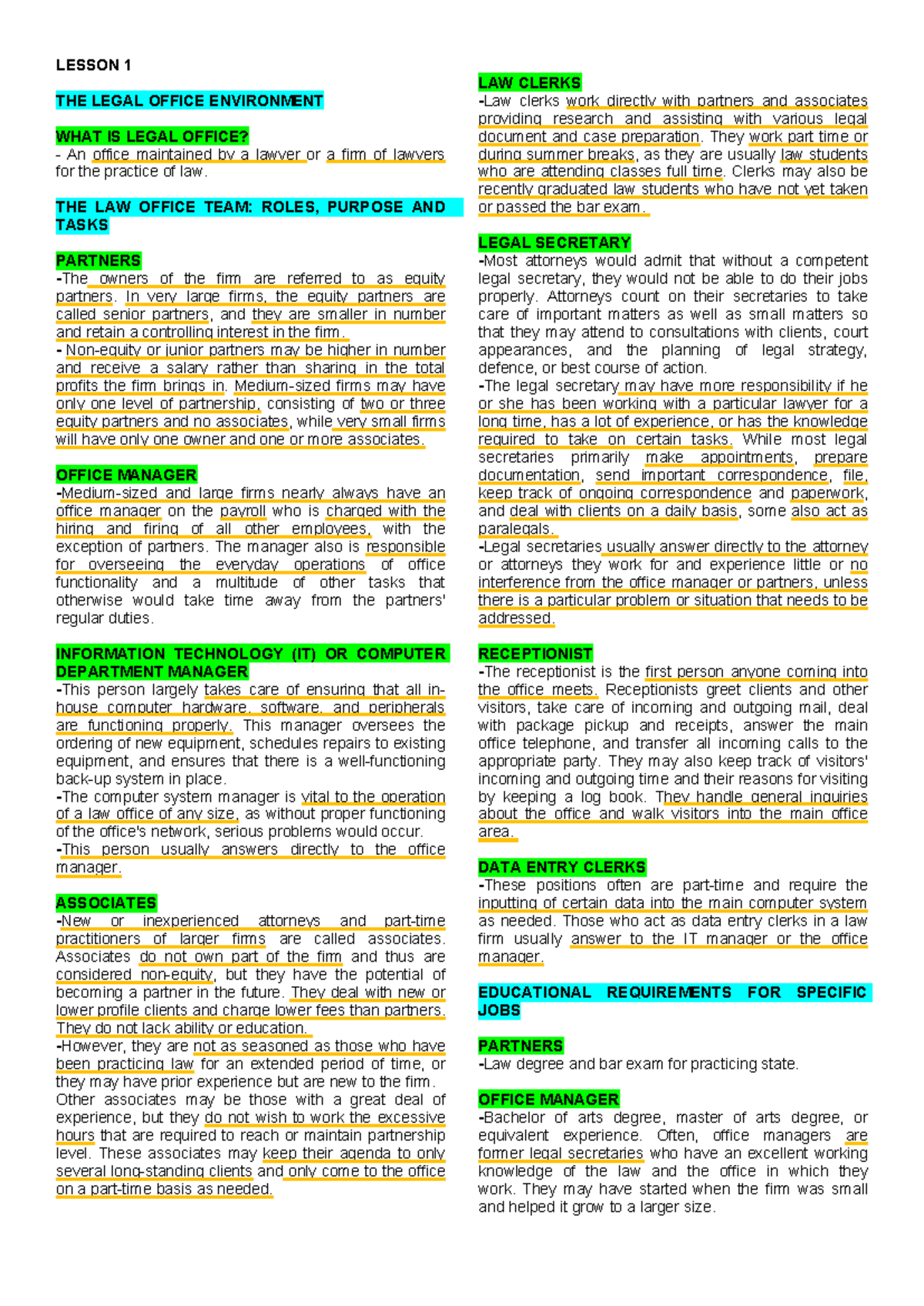LEG PRO Lesson 1 Notes - LESSON 1 THE LEGAL OFFICE ENVIRONMENT WHAT IS ...