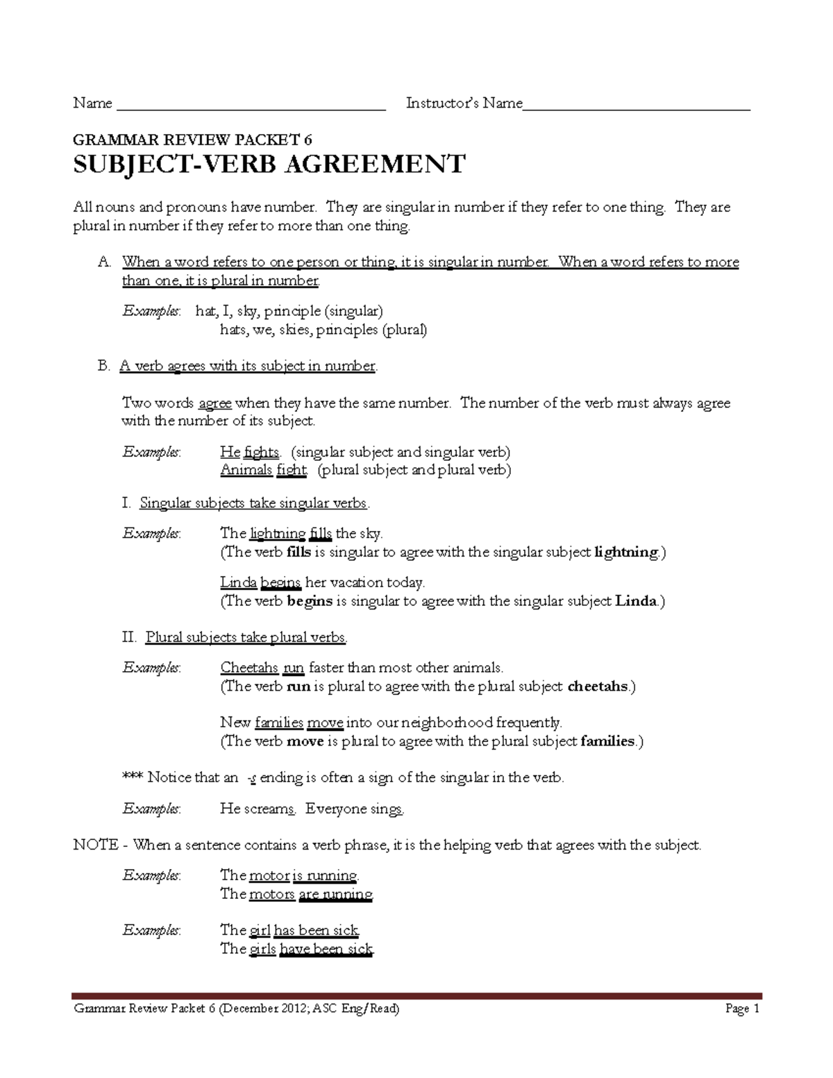 Grammar review packet 6 subject verb agreement - Name ...