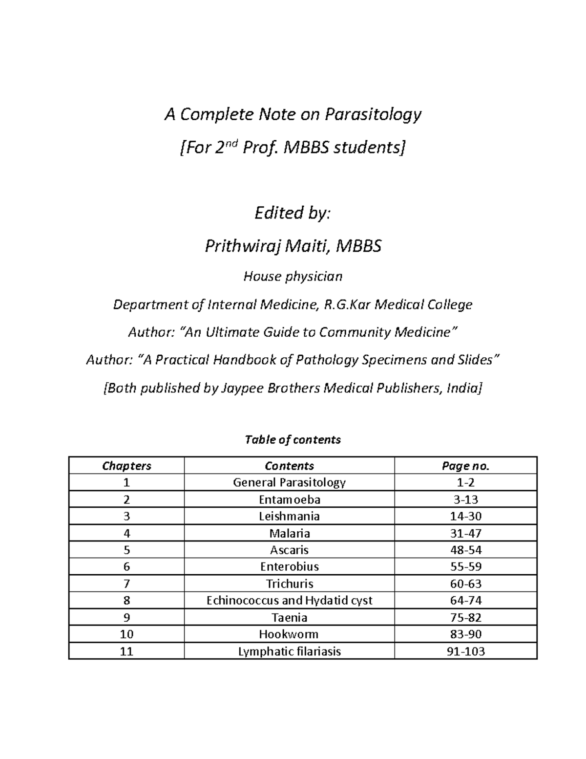 A Complete Note on Parasitology For 2nd - MBBS students] Edited by ...