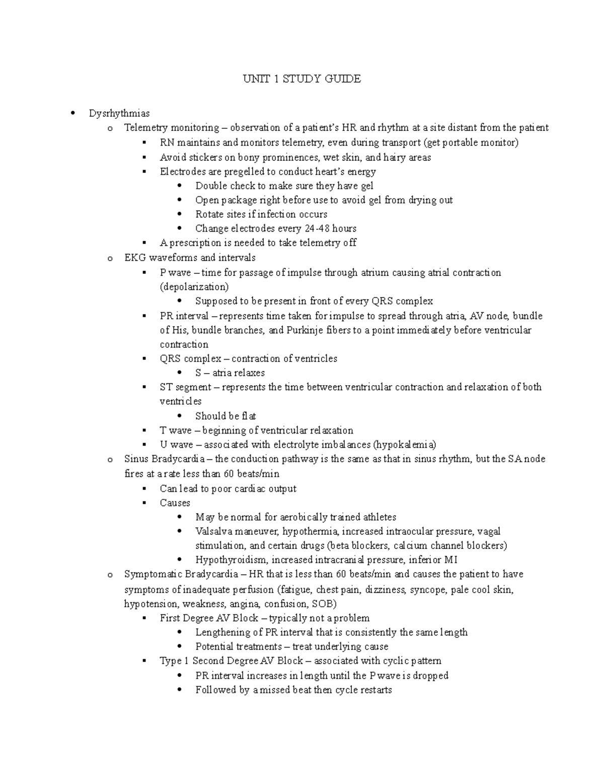 UNIT 1 Study Guide - UNIT 1 STUDY GUIDE Dysrhythmias o Telemetry ...