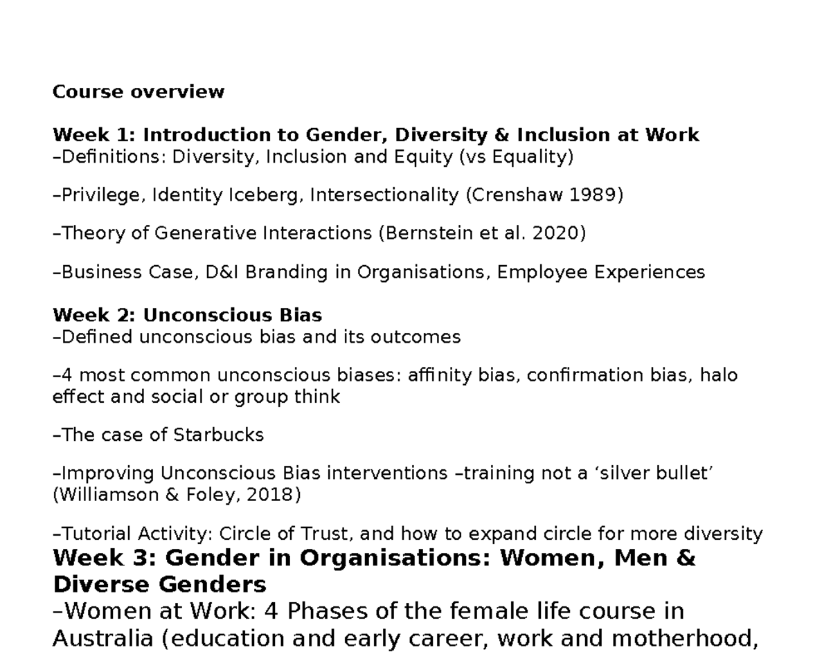 Work3201 - Lecture note - Course overview Week 1: Introduction to Gender, Diversity & Inclusion ...