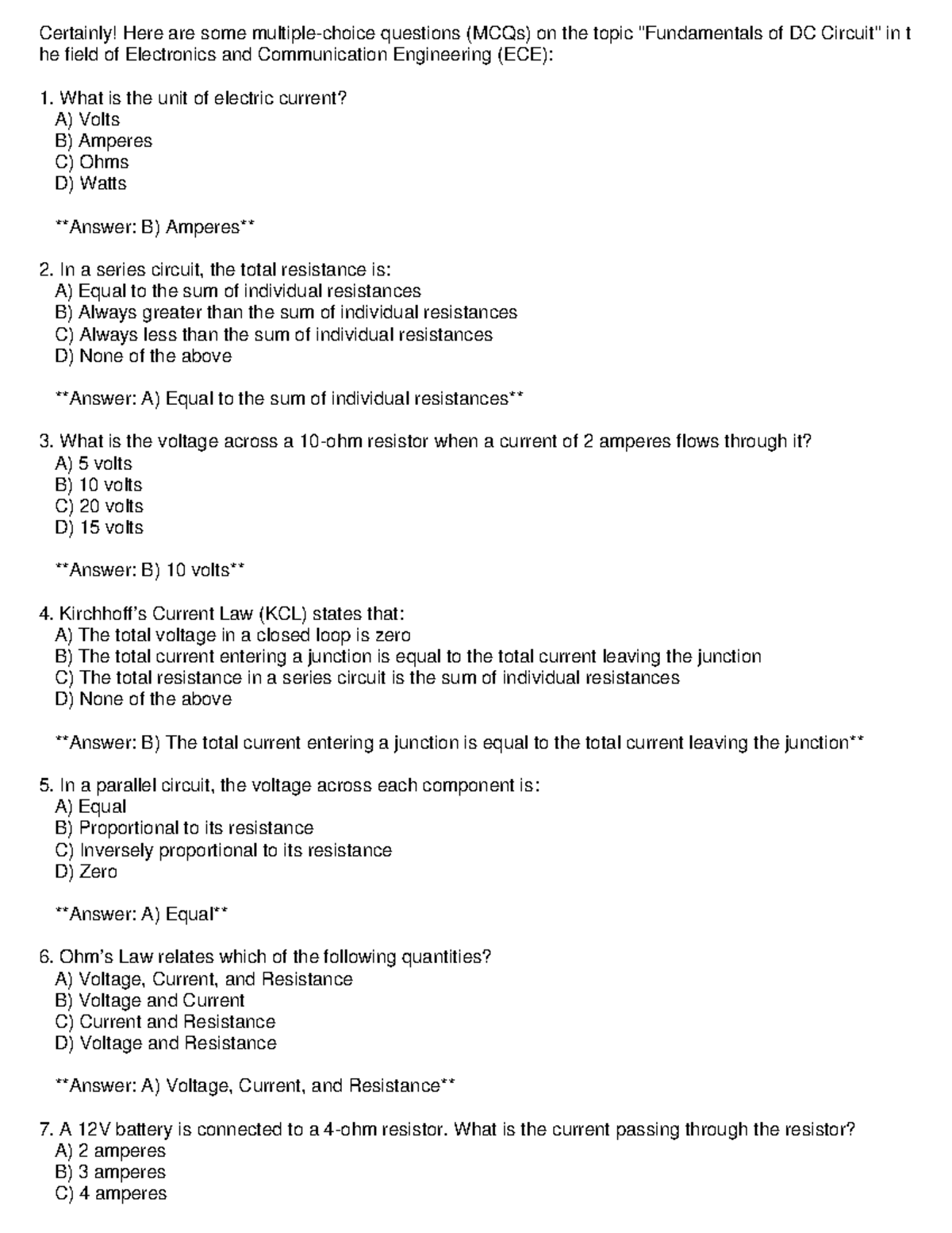 Fundamentals OF DC Circuit - Certainly! Here are some multiple-choice ...