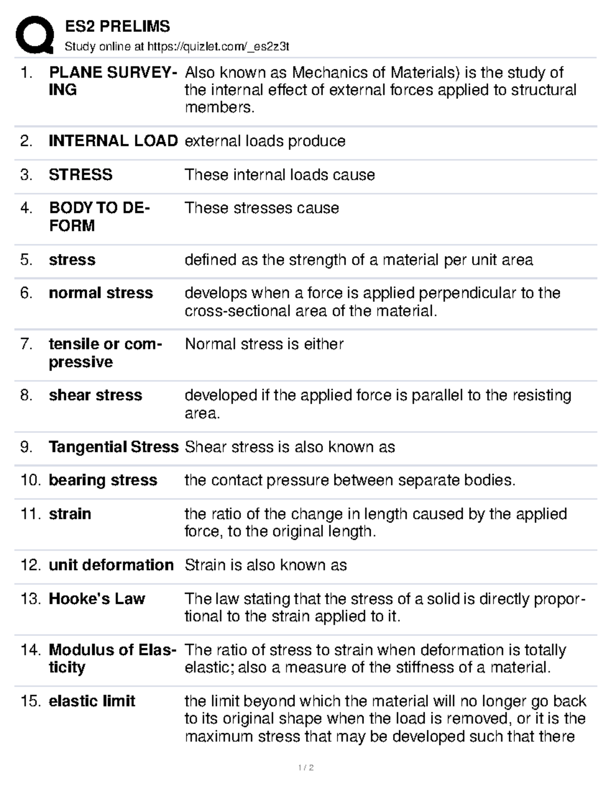 ES2 - INTERNAL LOAD external loads produce STRESS These internal loads ...