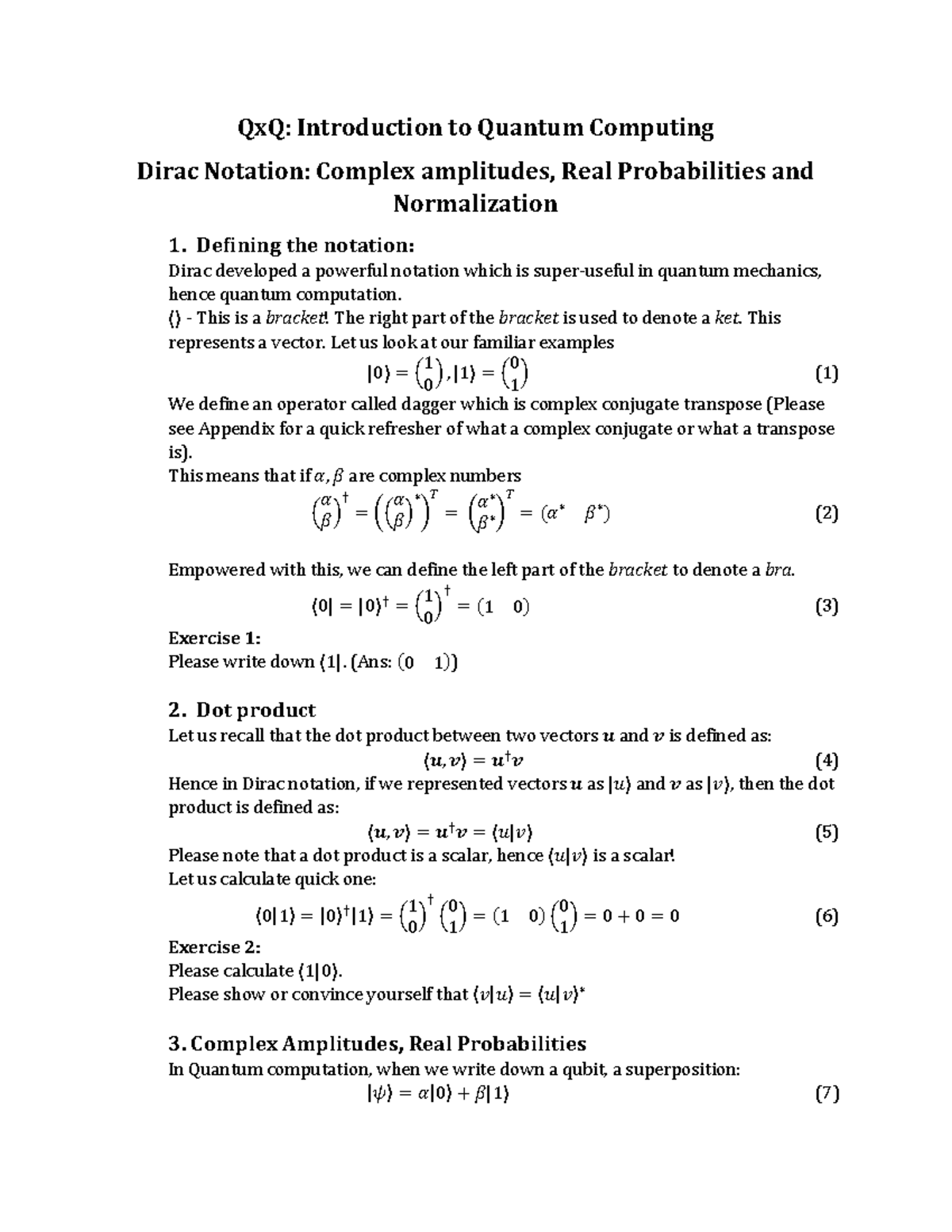 Dirac Notation - dgsdgsdg - QxQ: Introduction to Quantum Computing Dirac Notation: Complex - Studocu