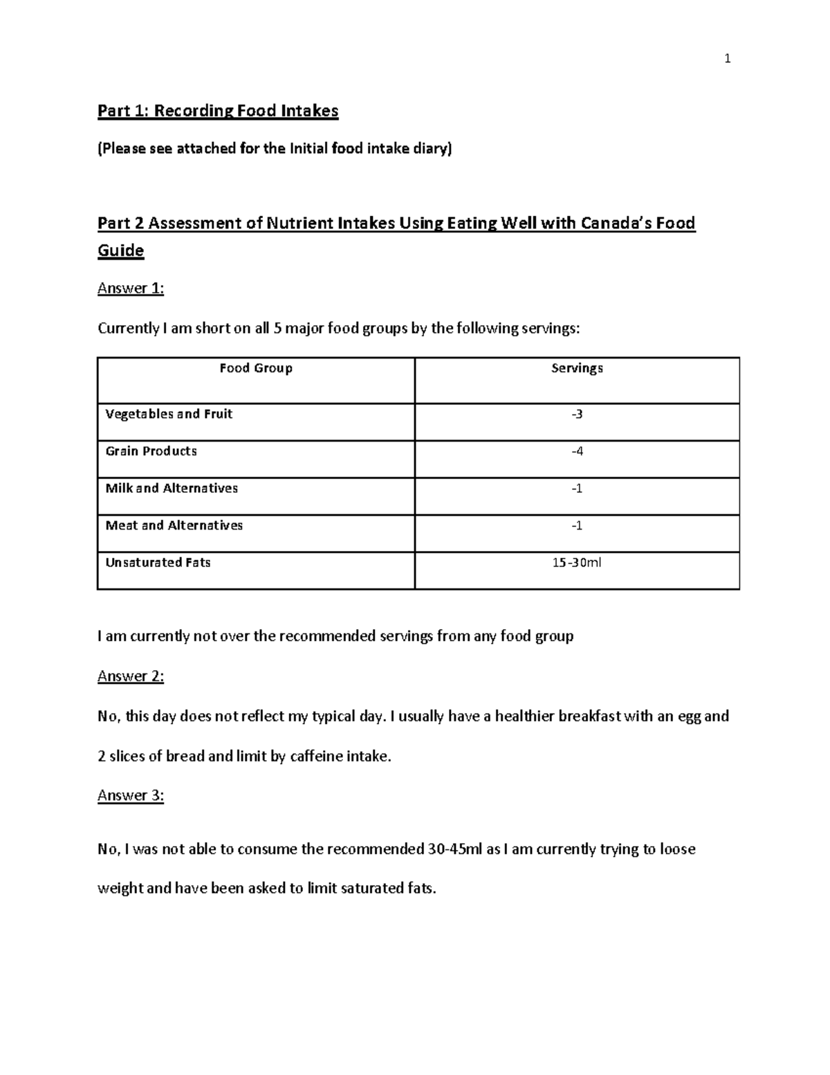 NUTR331 Food Intake Diaries - Part 1: Recording Food Intakes (Please ...
