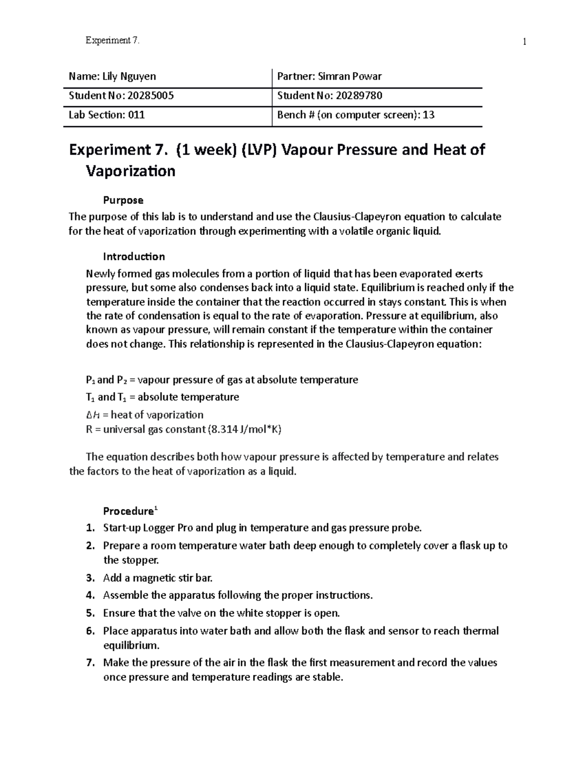 Vapour Pressure Lab - lab report - Name: Lily Nguyen Partner: Simran ...