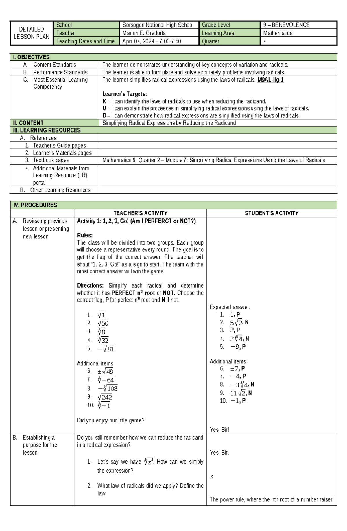 Lesson Plan in Math 9 - DETAILED LESSON PLAN School Sorsogon National ...