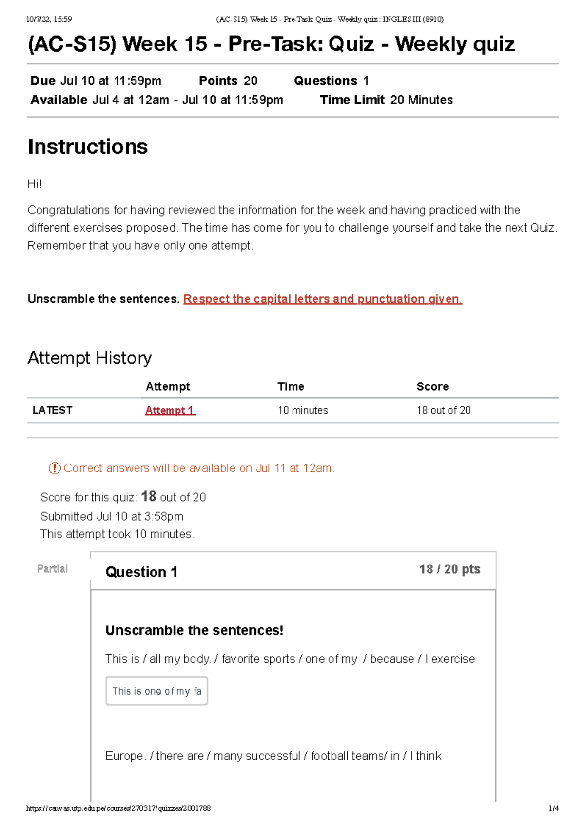 (AC-S15) Week 15 - Pre-Task Quiz - Weekly quiz Ingles III - (AC-S15 ...