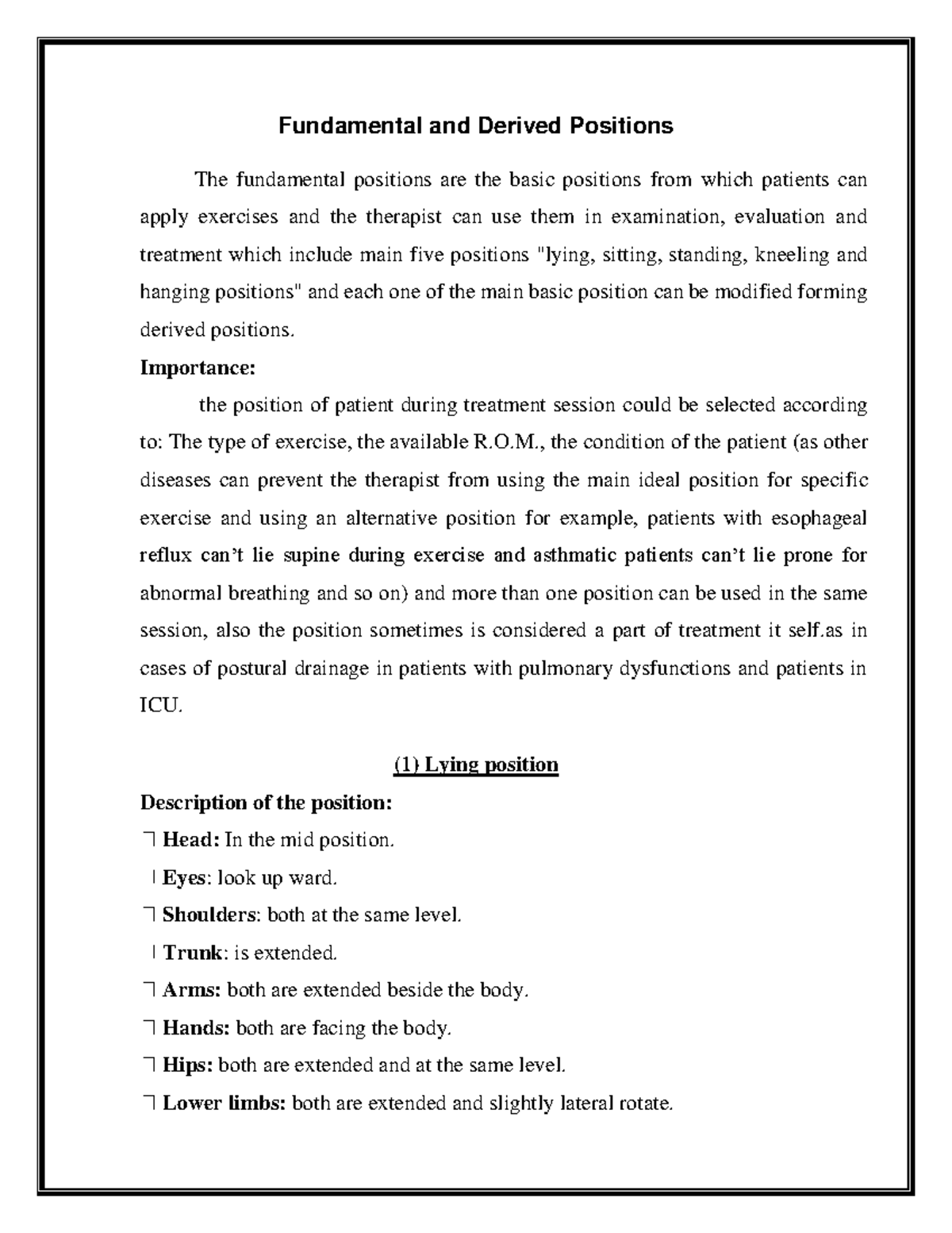 Fundamental Positions - Importance: the position of patient during ...