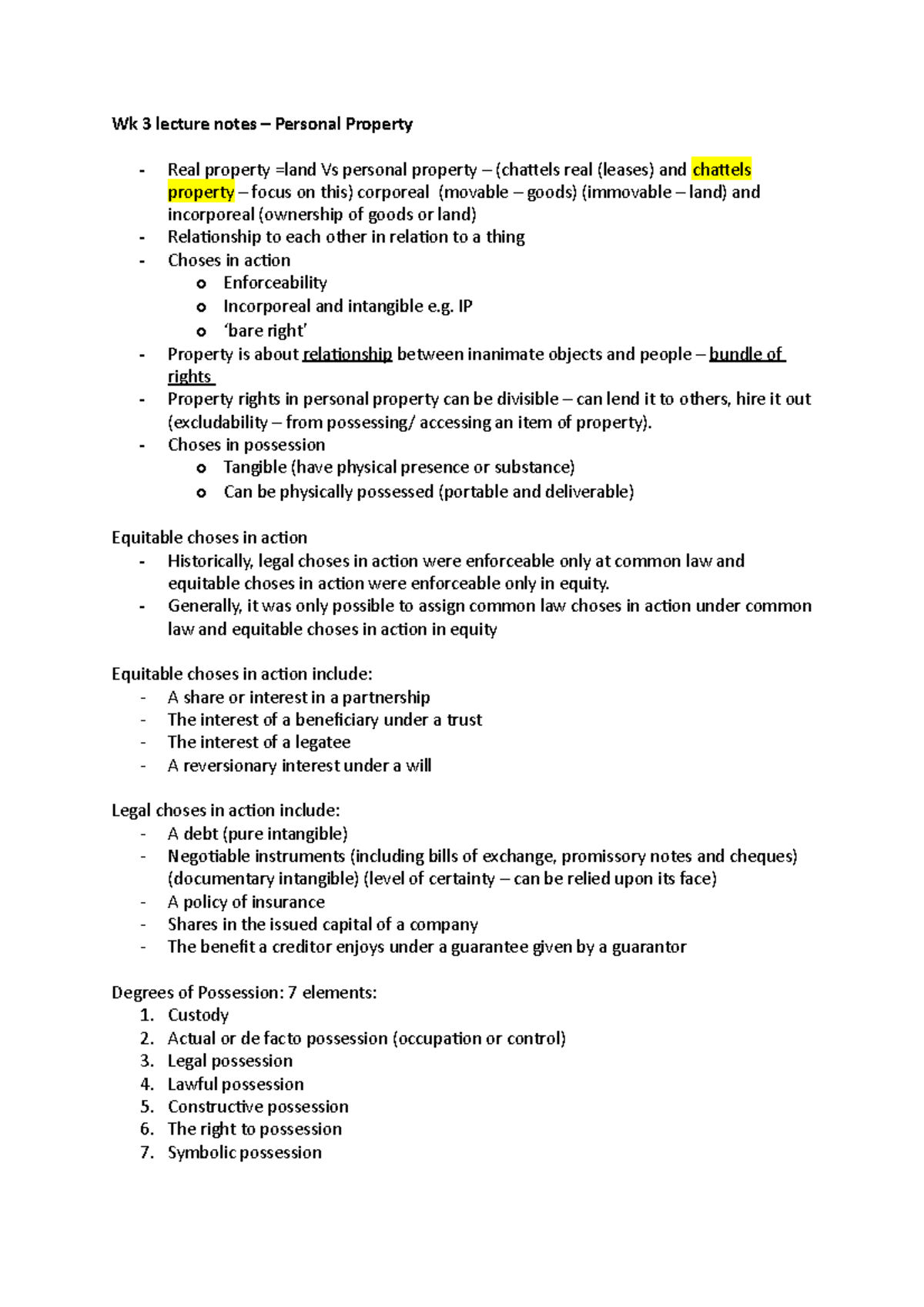 Wk 3 - Nature of Personal Property notes - Wk 3 lecture notes ...