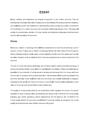 Essay document 1 - Study Money markets and institutions play a critical ...