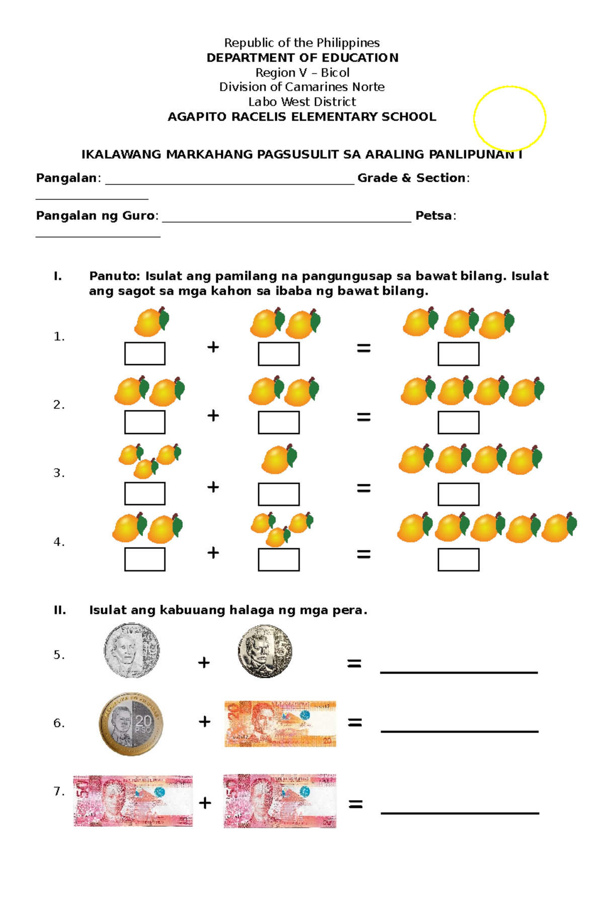 Math - Republic of the Philippines DEPARTMENT OF EDUCATION Region V ...