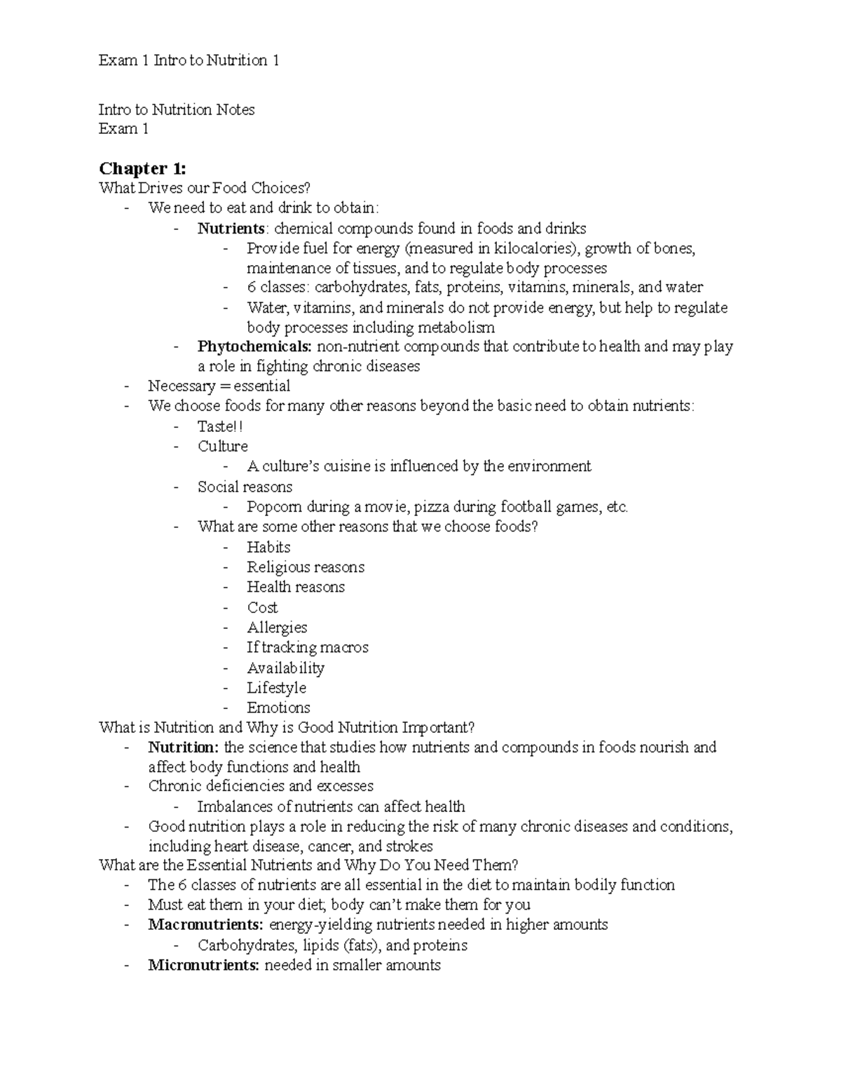 Exam 1 Notes - Intro to Nutrition Notes Exam 1 Chapter 1: What Drives ...