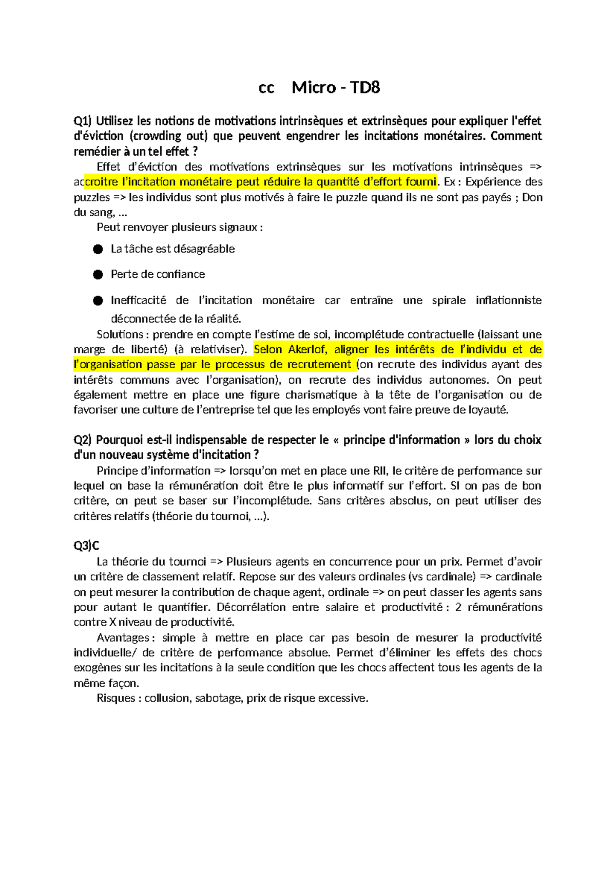 TD8 - cc Micro - TD Q1) Utilisez les notions de motivations intrinsèques et extrinsèques pour ...