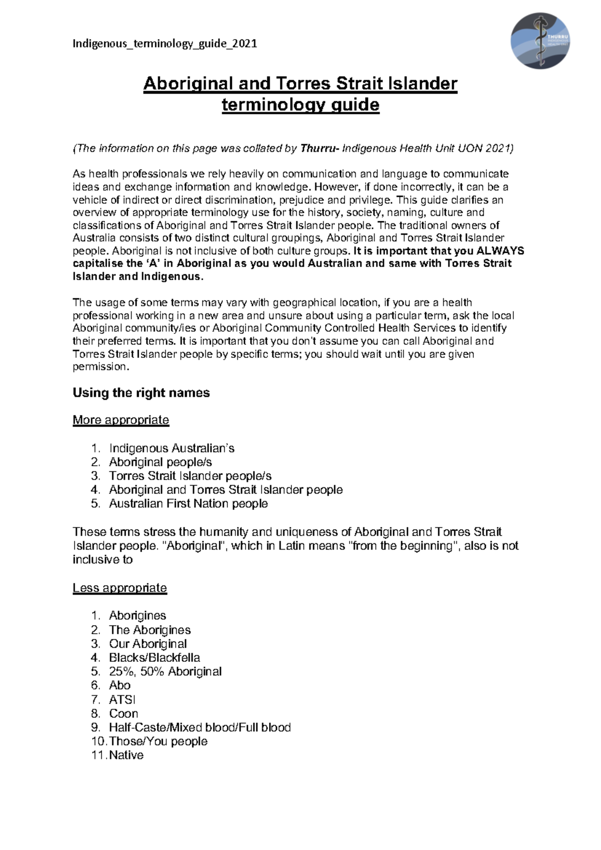 Week 1 Aboriginal and Torres Strait Islander terminology guide ...