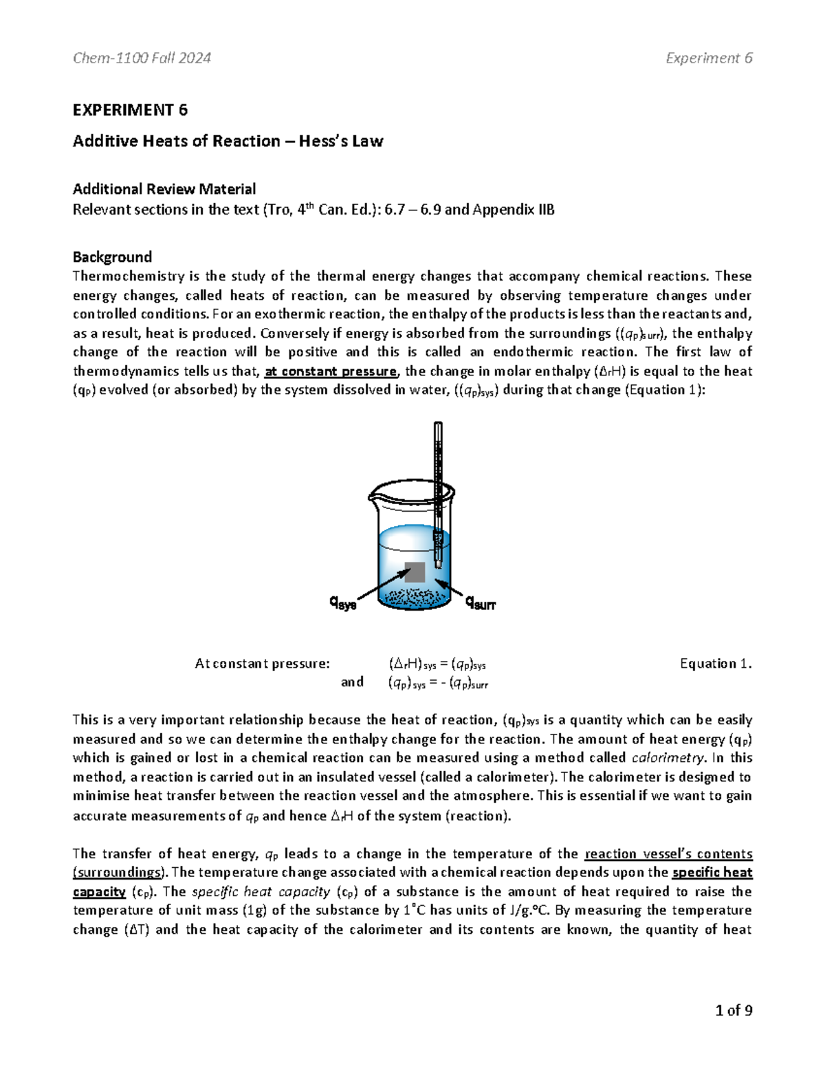 Exp.6 Hess's Law - lab - EXPERIMENT 6 Additive Heats of Reaction – Hess ...