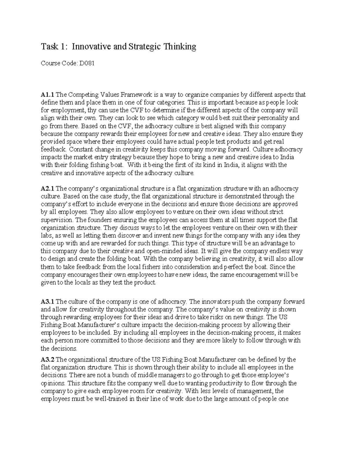 D081 Task One - Example for task one. - Task 1: Innovative and ...