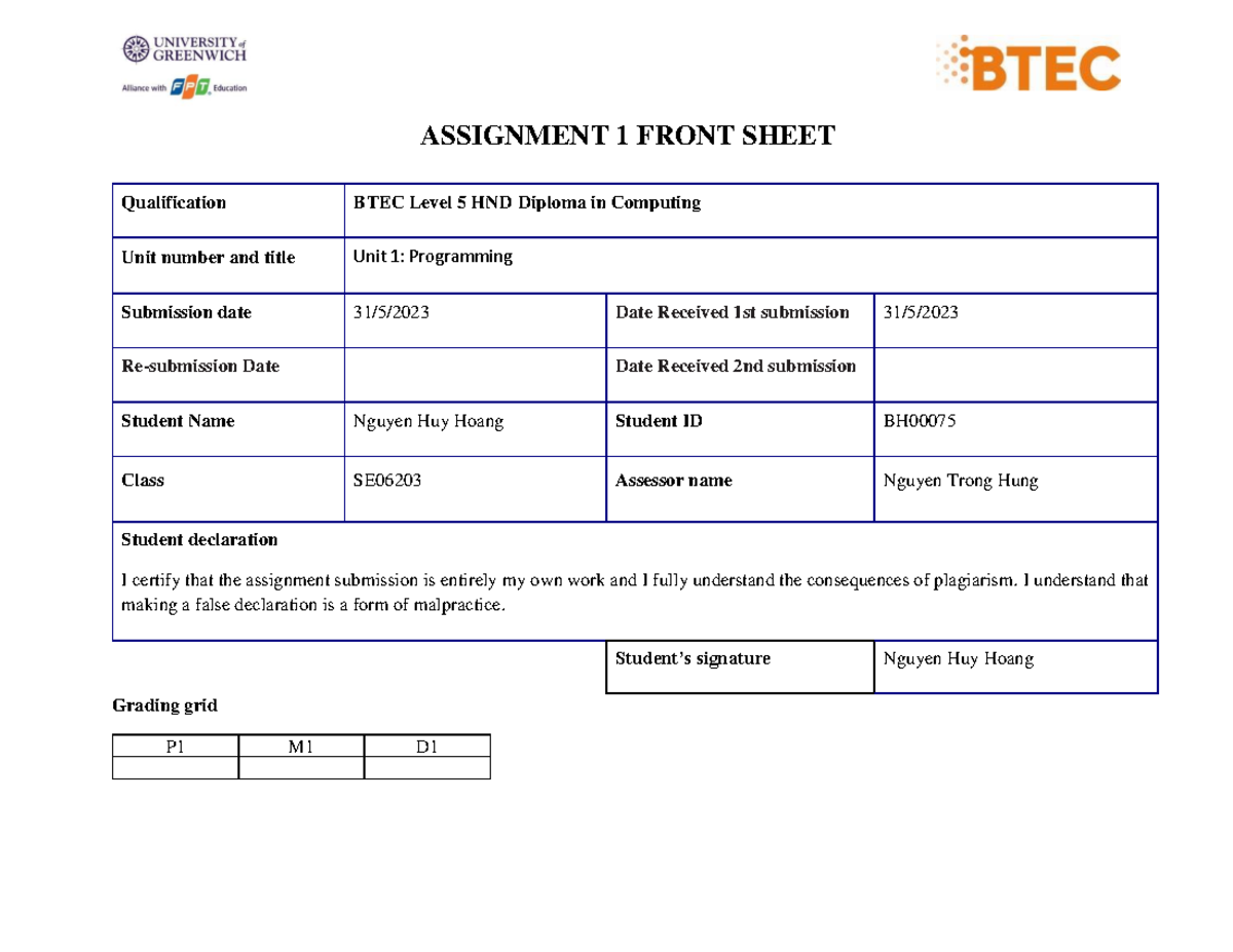 ASM1 Nguyen Huy Hoang BH00075 PDF - ASSIGNMENT 1 FRONT SHEET Qualification BTEC Level 5 HND ...