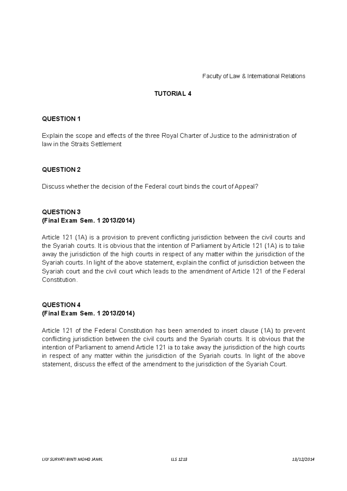 Tutorial 4-2014 - Faculty of Law & International Relations TUTORIAL 4 ...