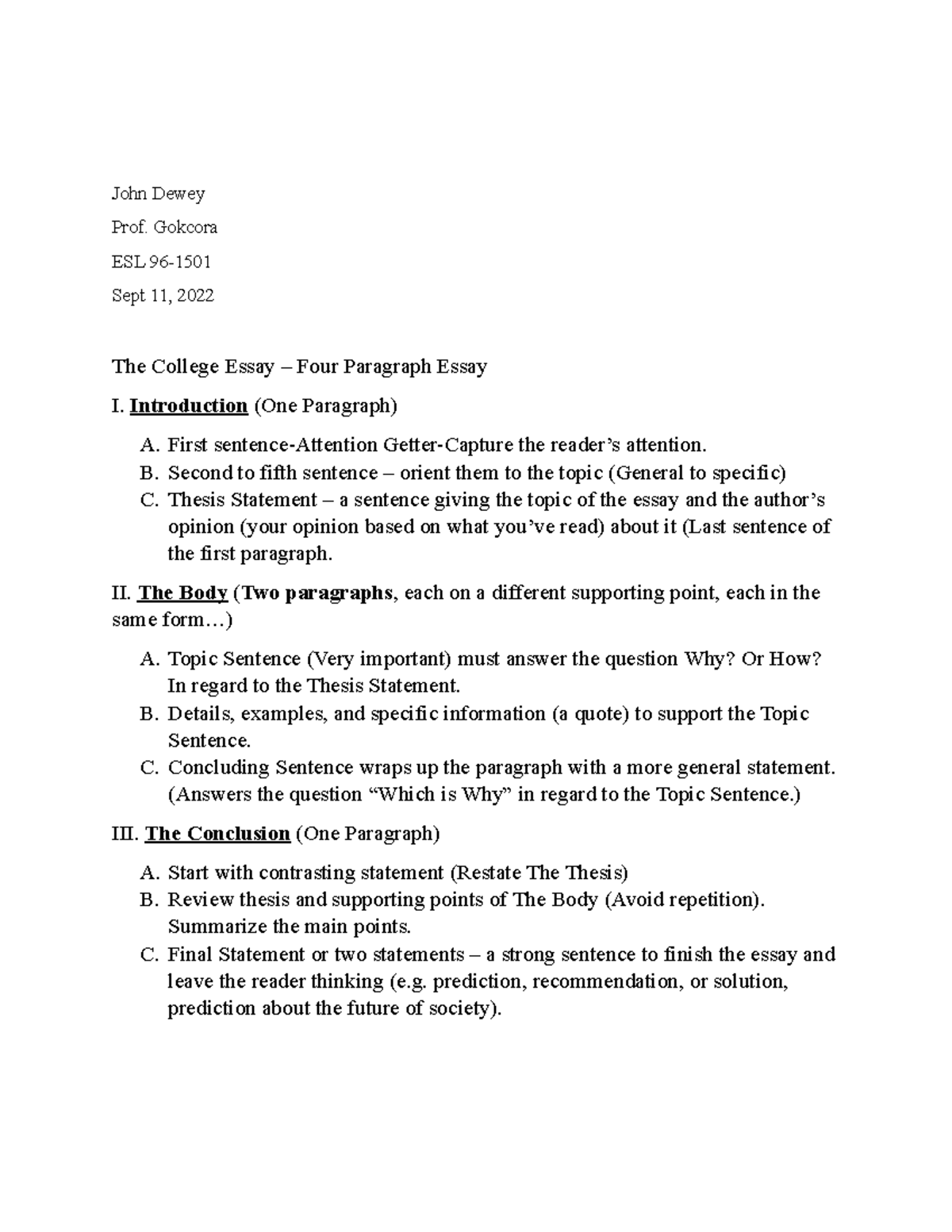 The College Essay-Organization - John Dewey Prof. Gokcora ESL 96- Sept ...