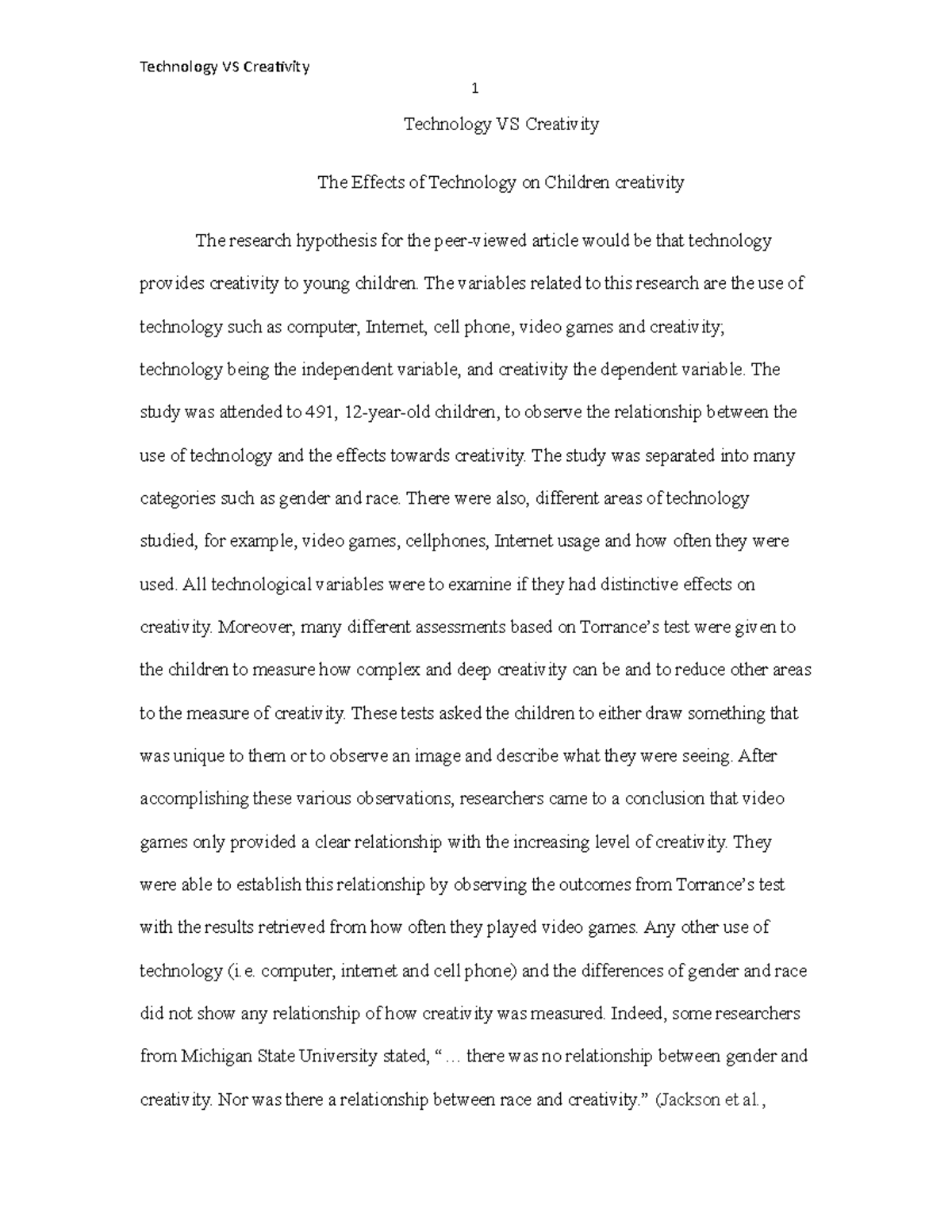 Writing Assignment 1 - Technology VS Creativity 1 Technology VS ...