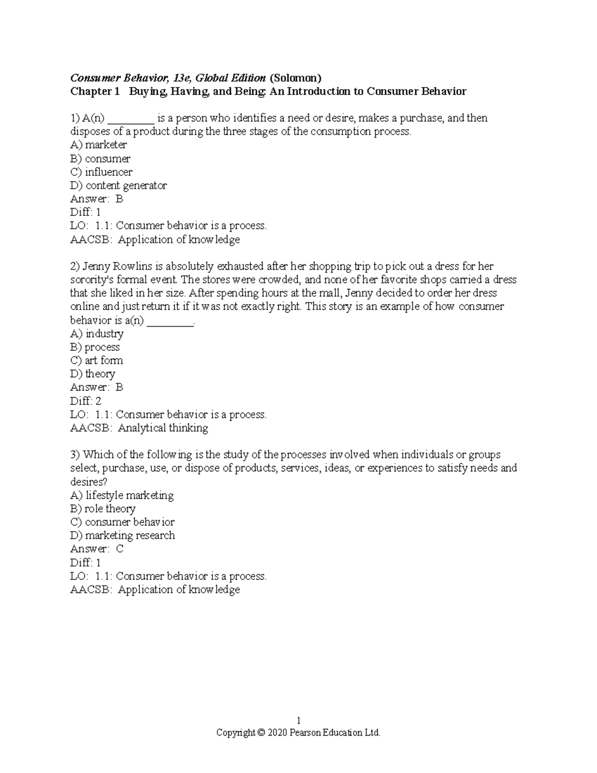 Solomon cb13 tb 01 - Grade: 18 - Consumer Behavior, 13e, Global Edition ...