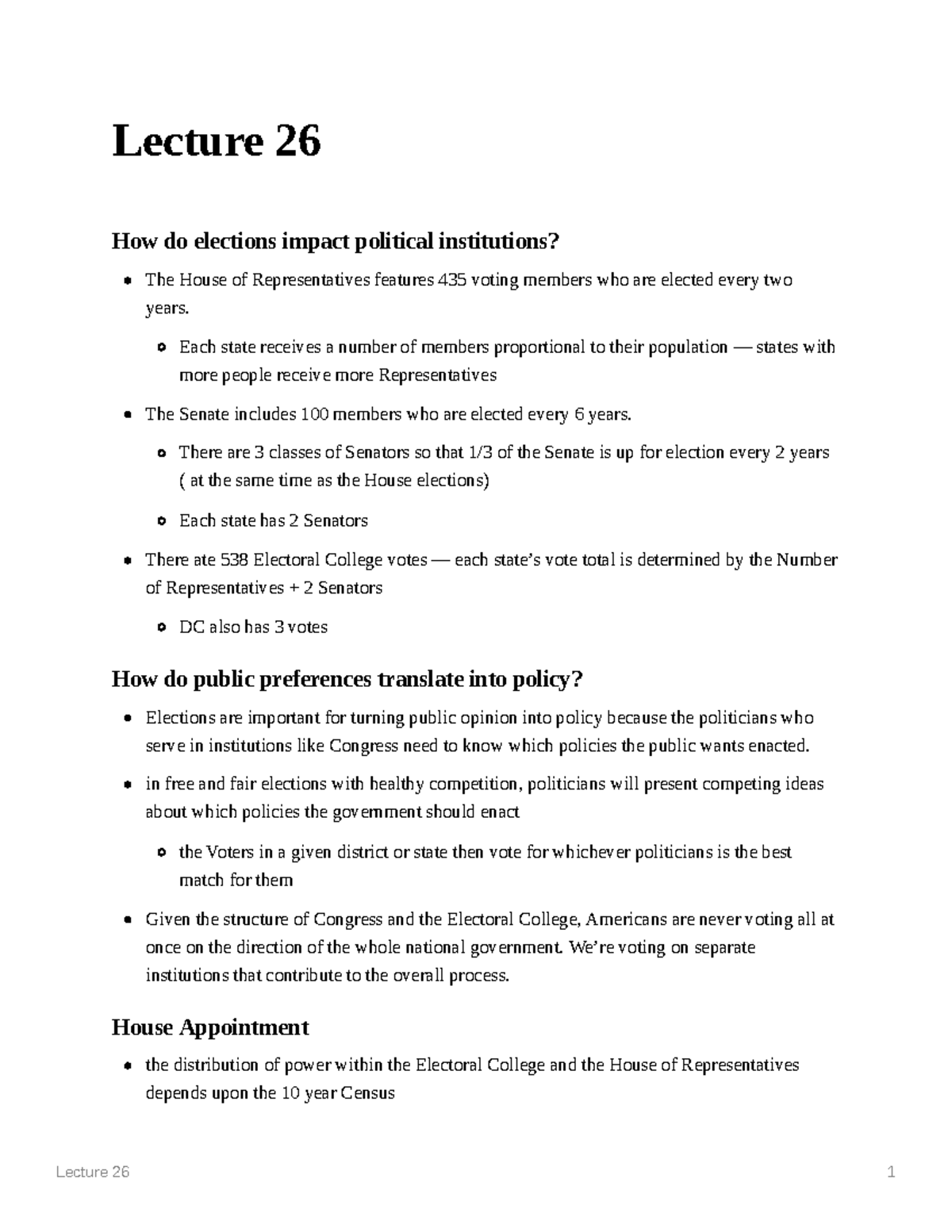 Lecture 26 - Cameron Dehart - Lecture 26 1 Lecture 26 How do elections impact political - Studocu