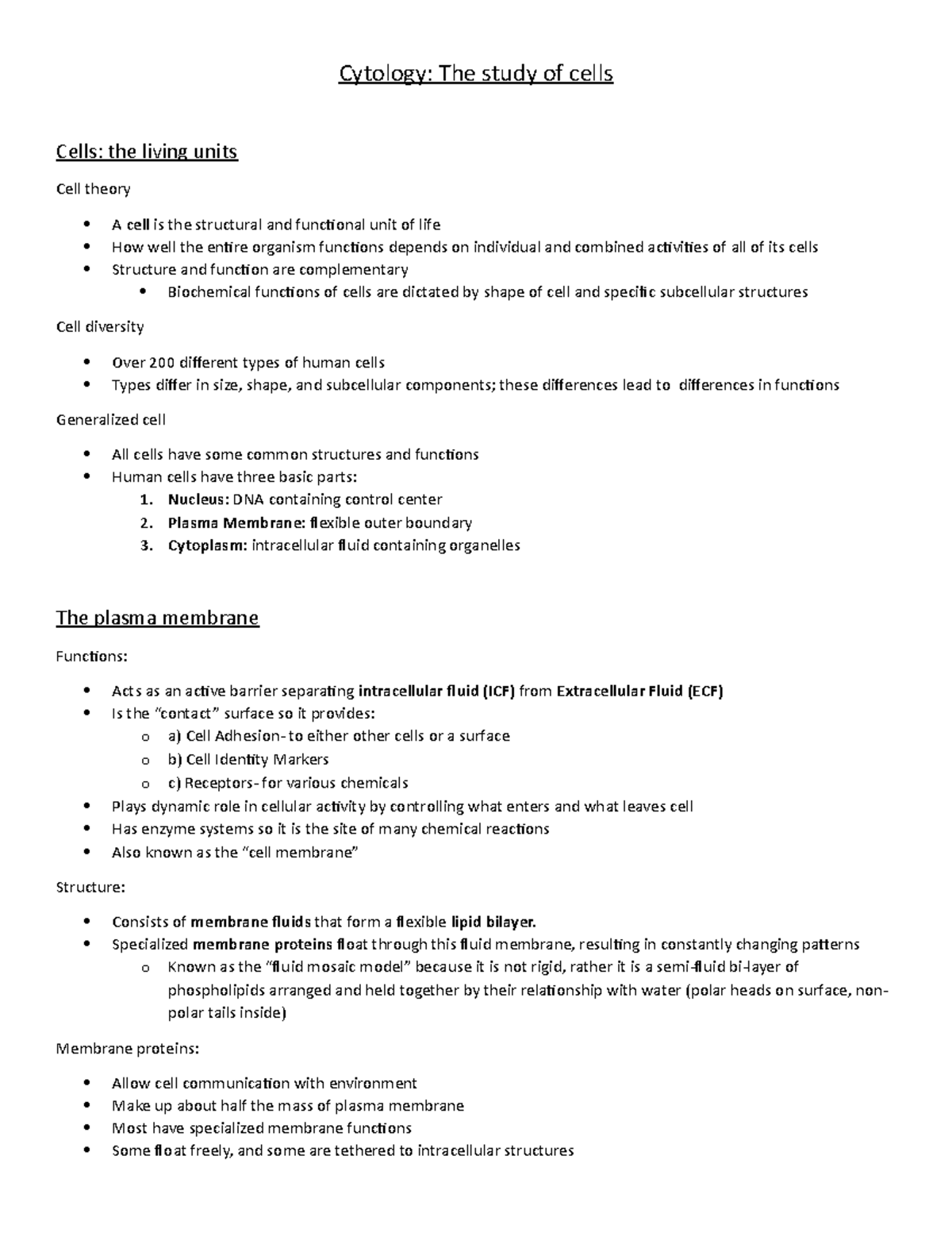 Anatomy Fill notes 2 - Cytology: The study of cells Cells: the living ...