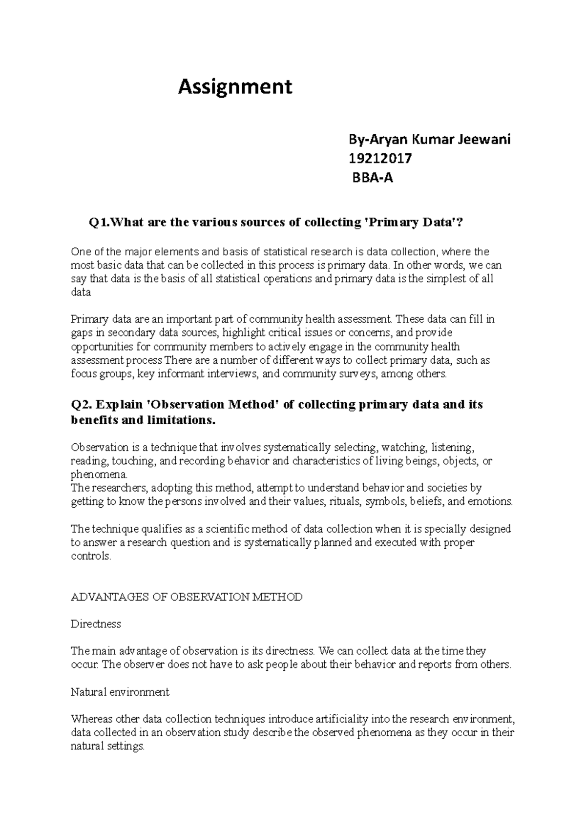 RM ASYNCHRONOUS ASSIGNMENTS - Assignment By-Aryan Kumar Jeewani 19212017 BBA-A Q1 are the ...