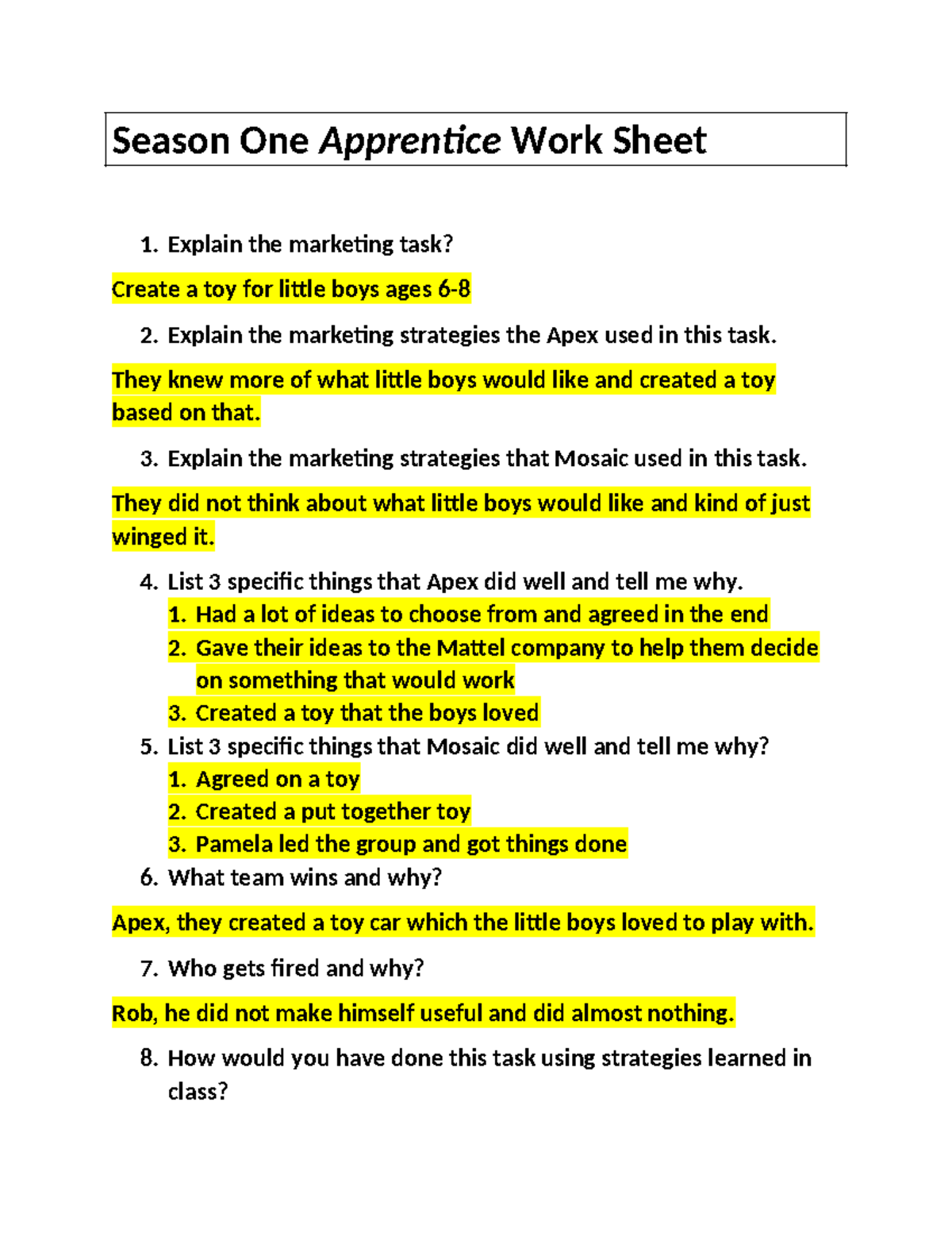Apprentice worksheet - new 2023 - Season One Apprentice Work Sheet 1 ...
