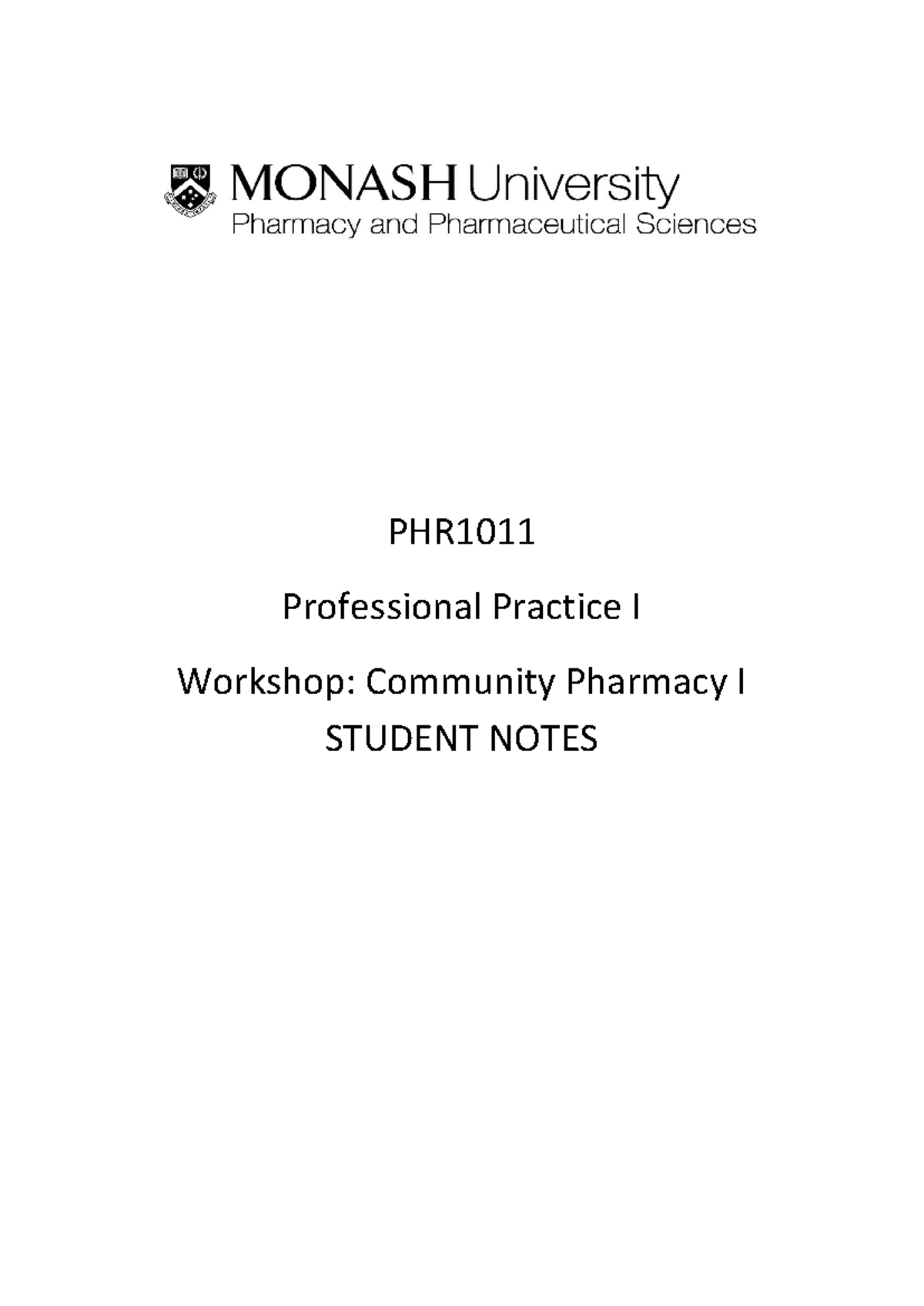 Workshop 9 Community Pharmacy I (Student Notes) - PHR Professional ...