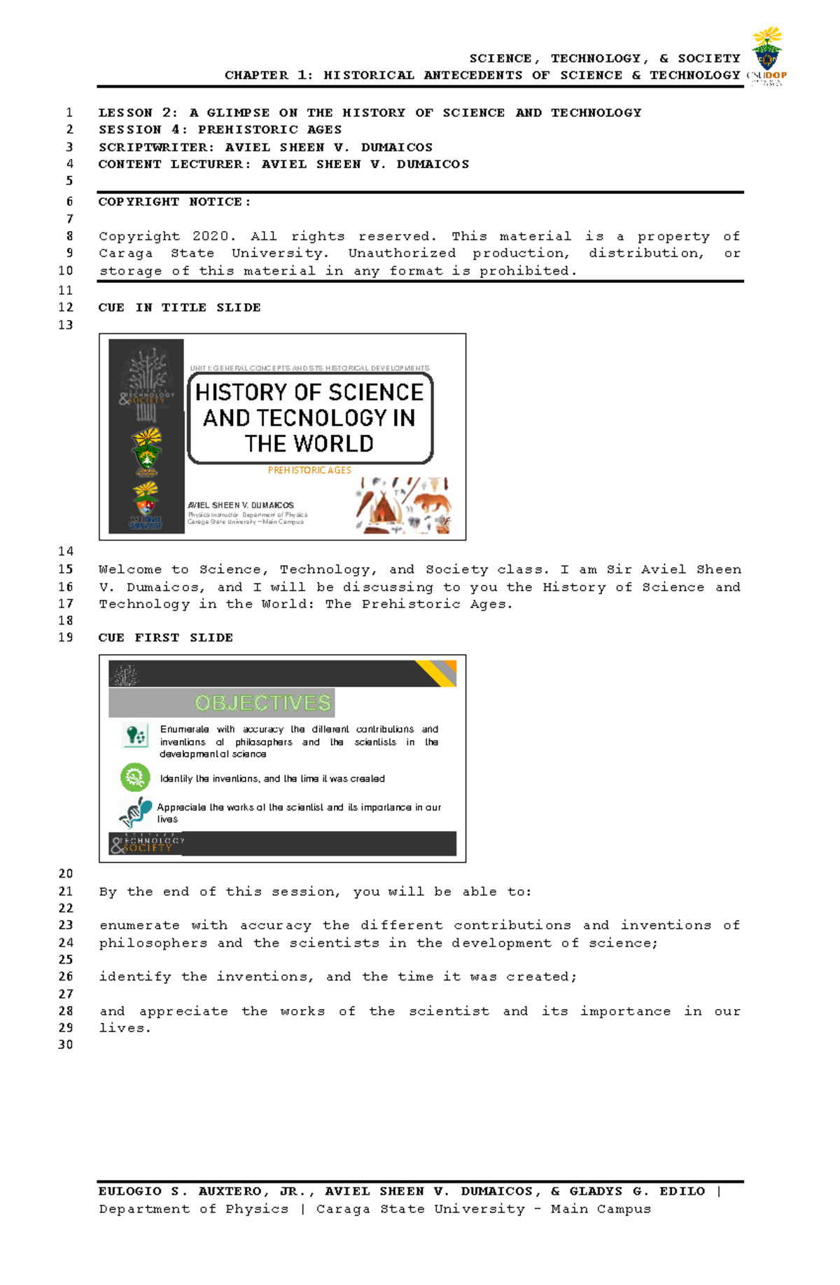 Session 4 Prehistoric Ages - SCIENCE, TECHNOLOGY, & SOCIETY CHAPTER 1 ...