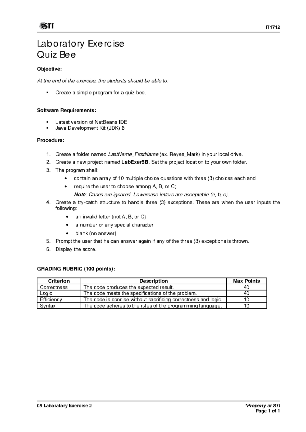 05 Laboratory Exercise 2 - IT 05 Laboratory Exercise 2 *Property of STI ...