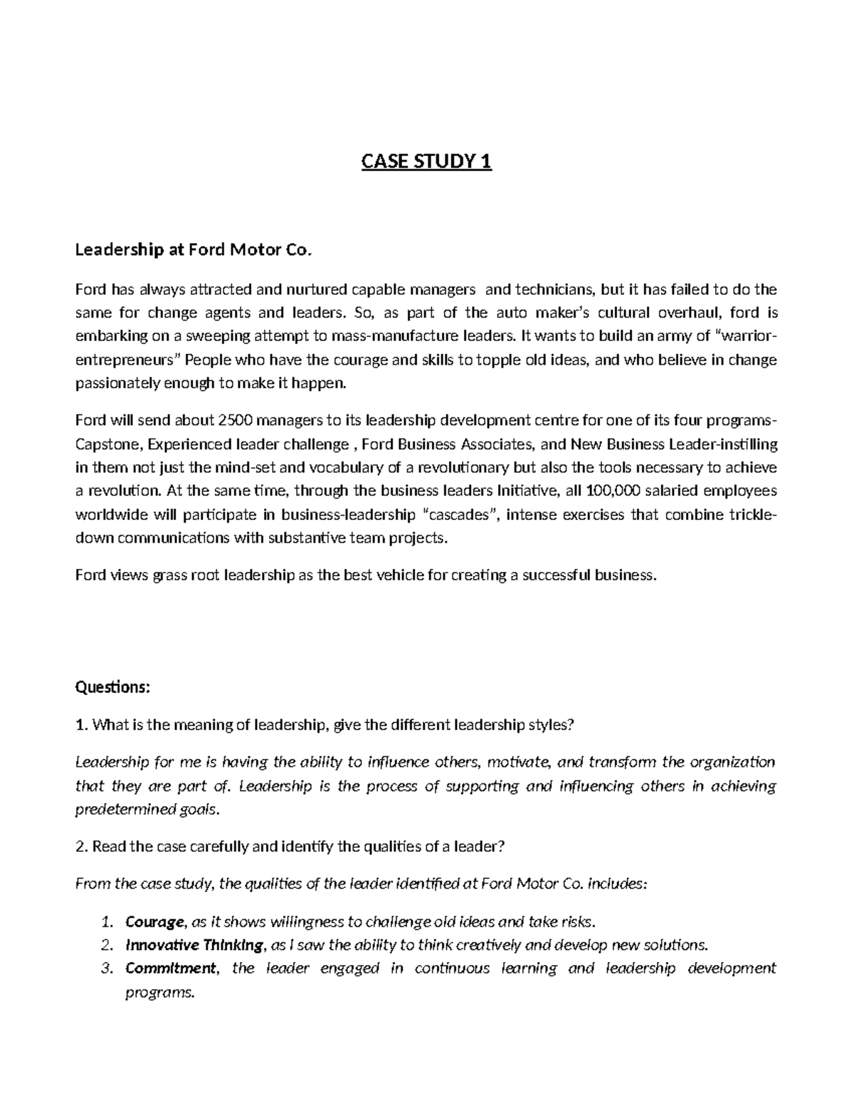 Copy of Case Study 1 - Notes - CASE STUDY 1 Leadership at Ford Motor Co ...
