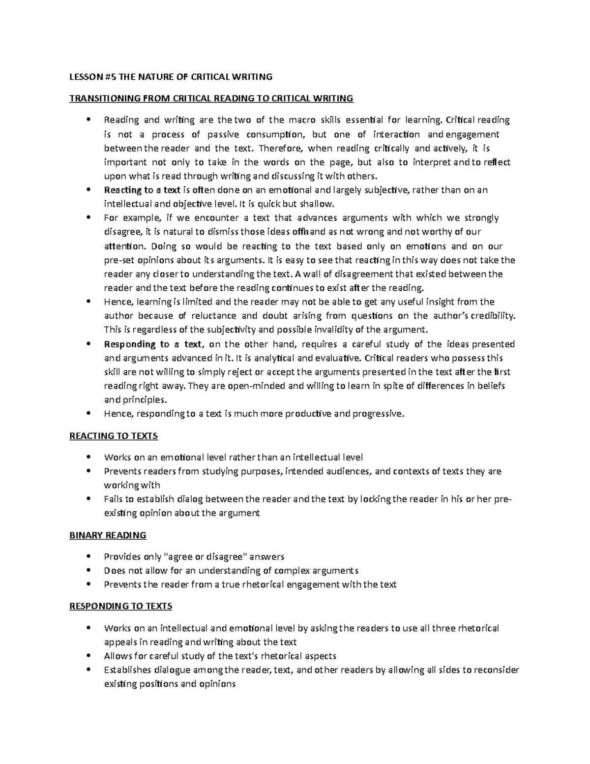 Lesson #5 THE Nature OF Critical Writing - LESSON #5 THE NATURE OF ...