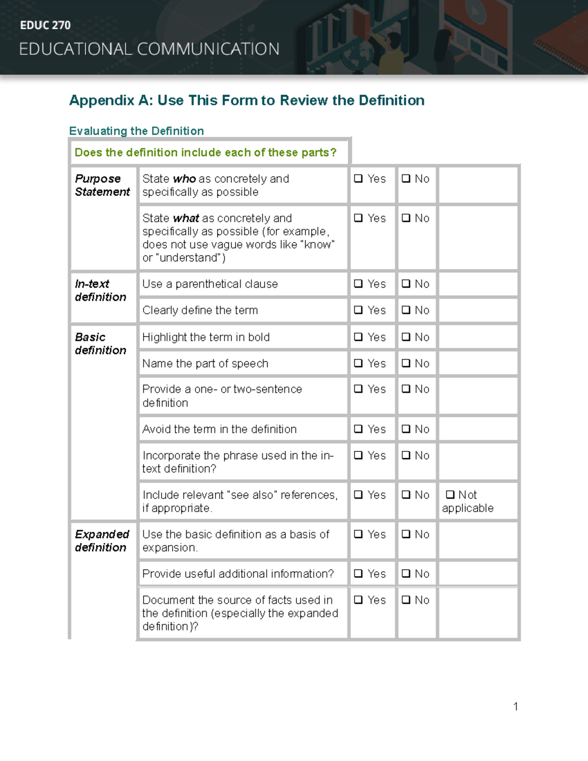 Blank Definition Assignment Appendix A Appendix A Use This Form To Review The Definition