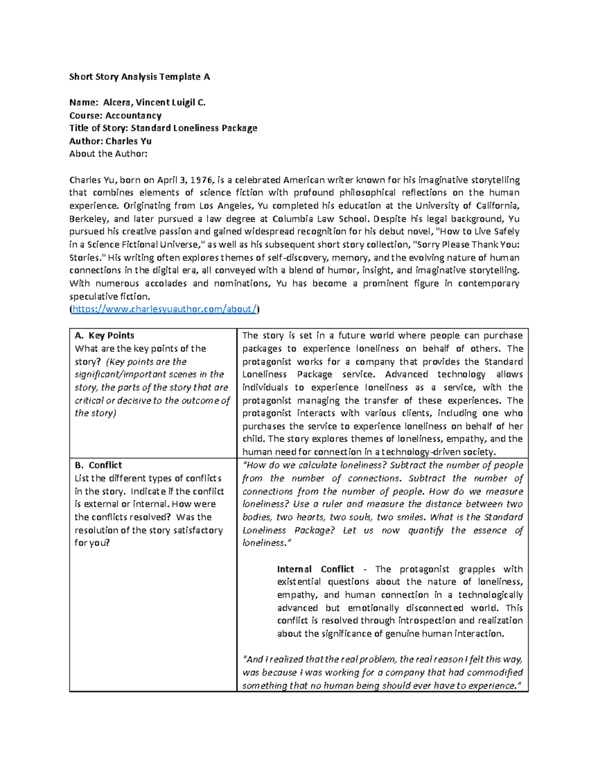 Alcera Short Story Analysis - Short Story Analysis Template A Name ...