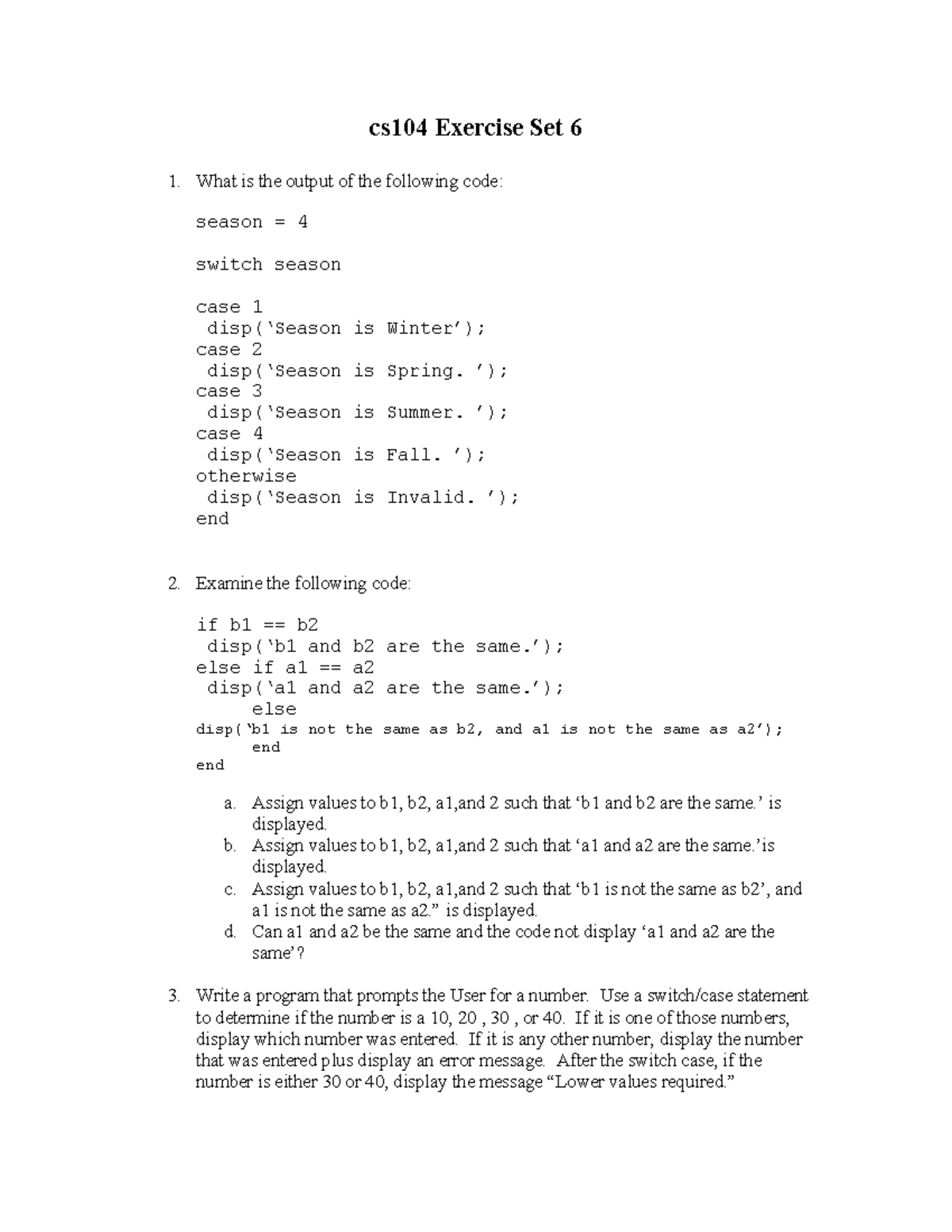 Cs 104 Lab 6 Exercise Set 6 Cs104 Exercise Set 6 1 What Is The Output Of The Following Code