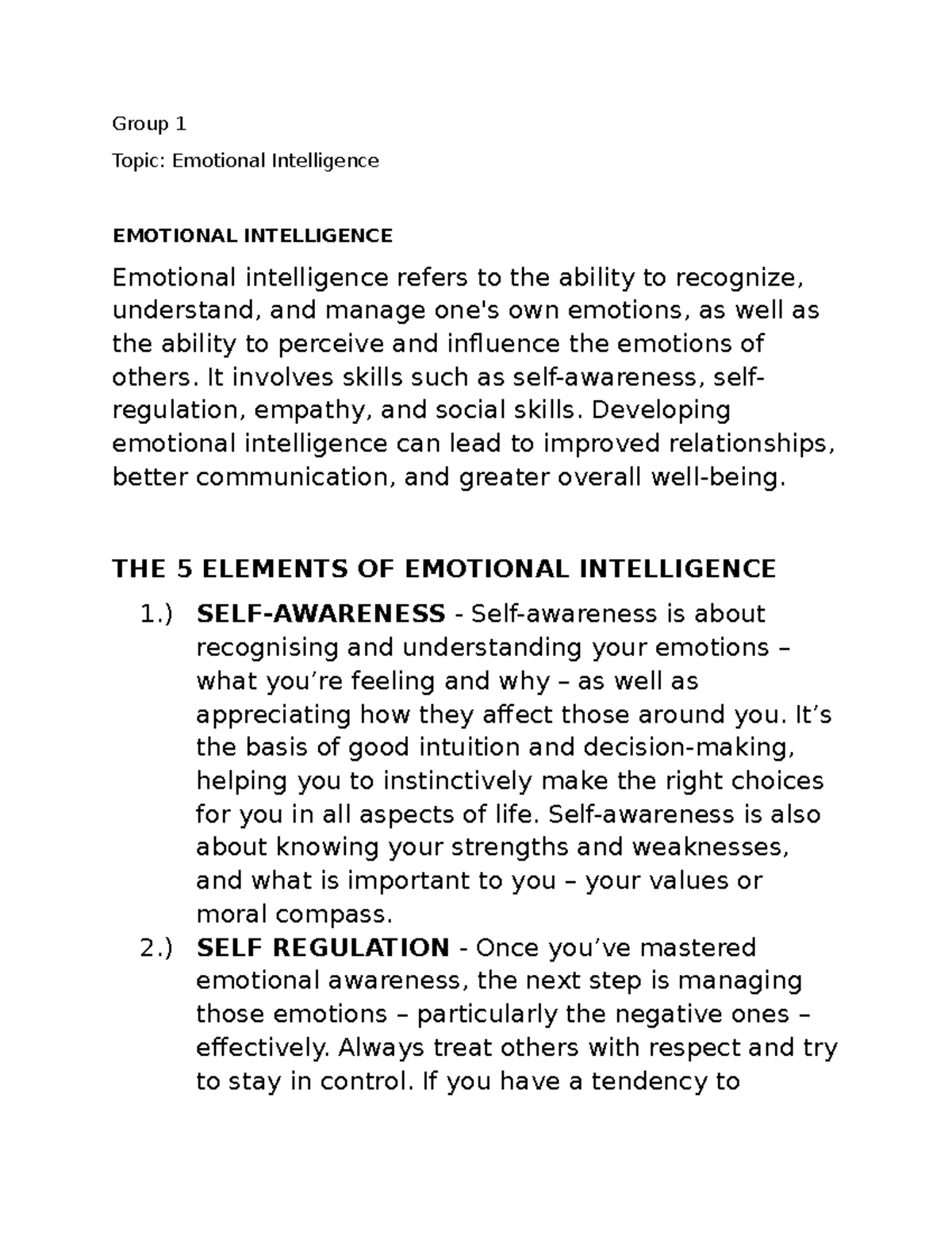 Emotional Intelligence - Group 1 Topic: Emotional Intelligence ...