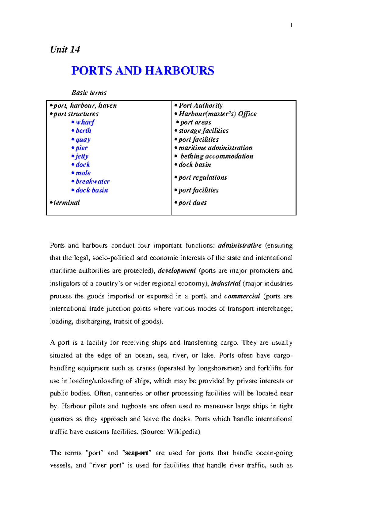 Pages to study from Ports - Unit 14 PORTS AND HARBOURS Basic terms port ...